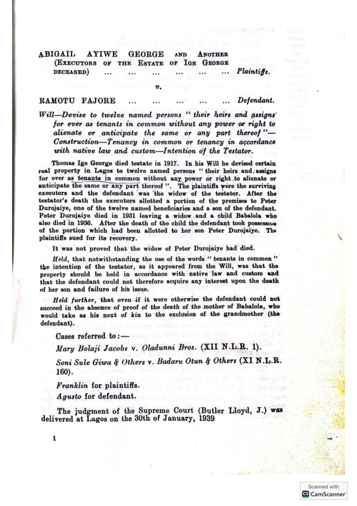 George v. Fajore: Executors' Claim on Estate of Ige George (1939) - Studocu