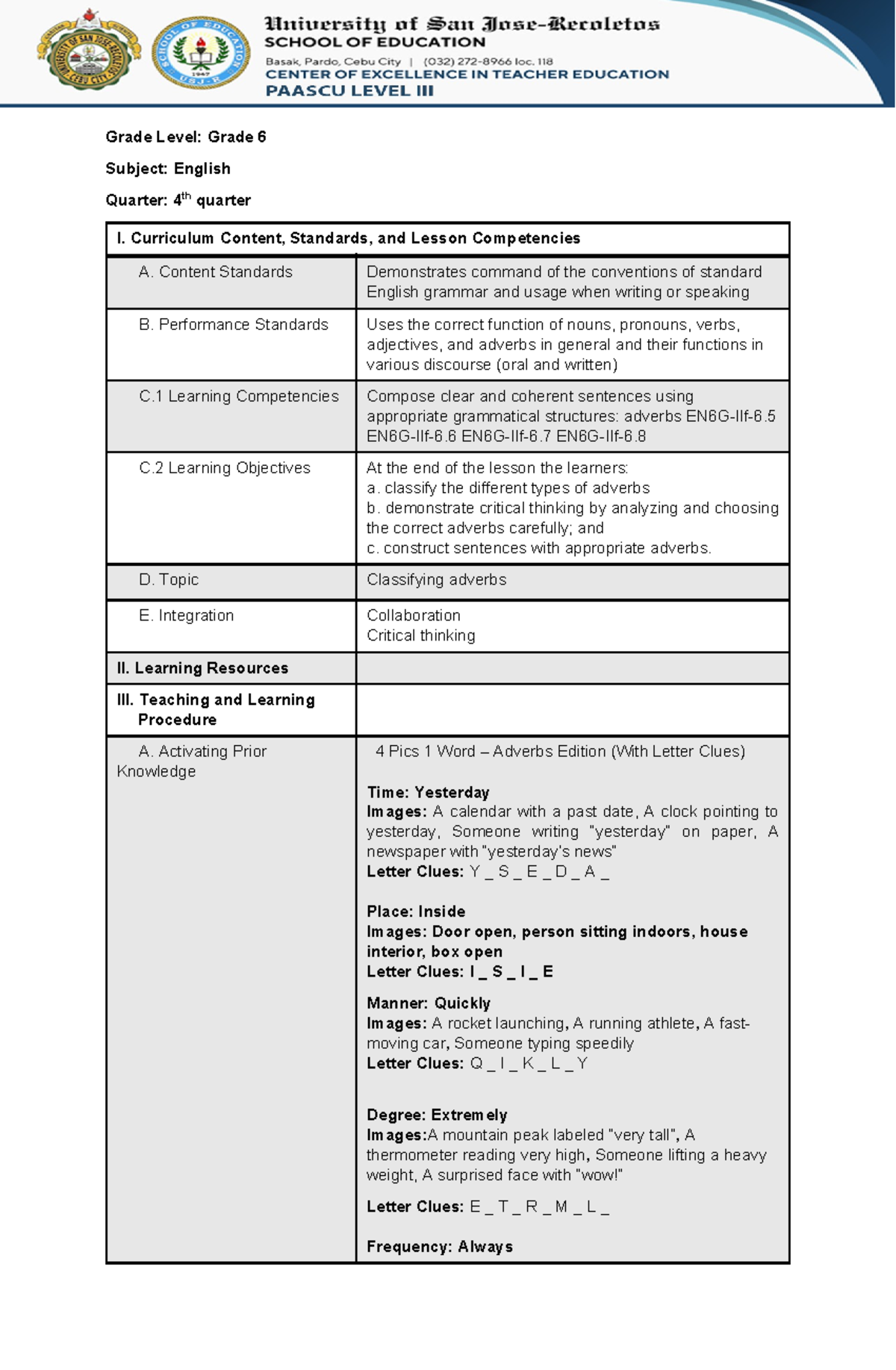Adverb Lesson Plan: Classifying Adverbs for Grade 6 English - Studocu