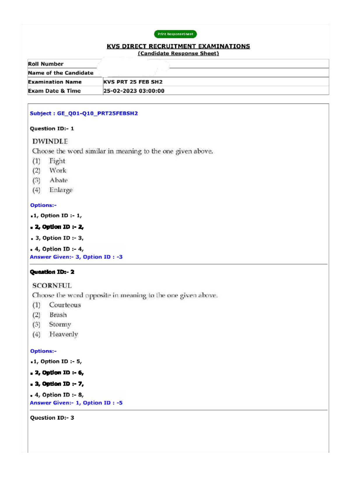 KVS PRT 25 FEB 2023 Shift 2 Candidate Response Sheet - Studocu