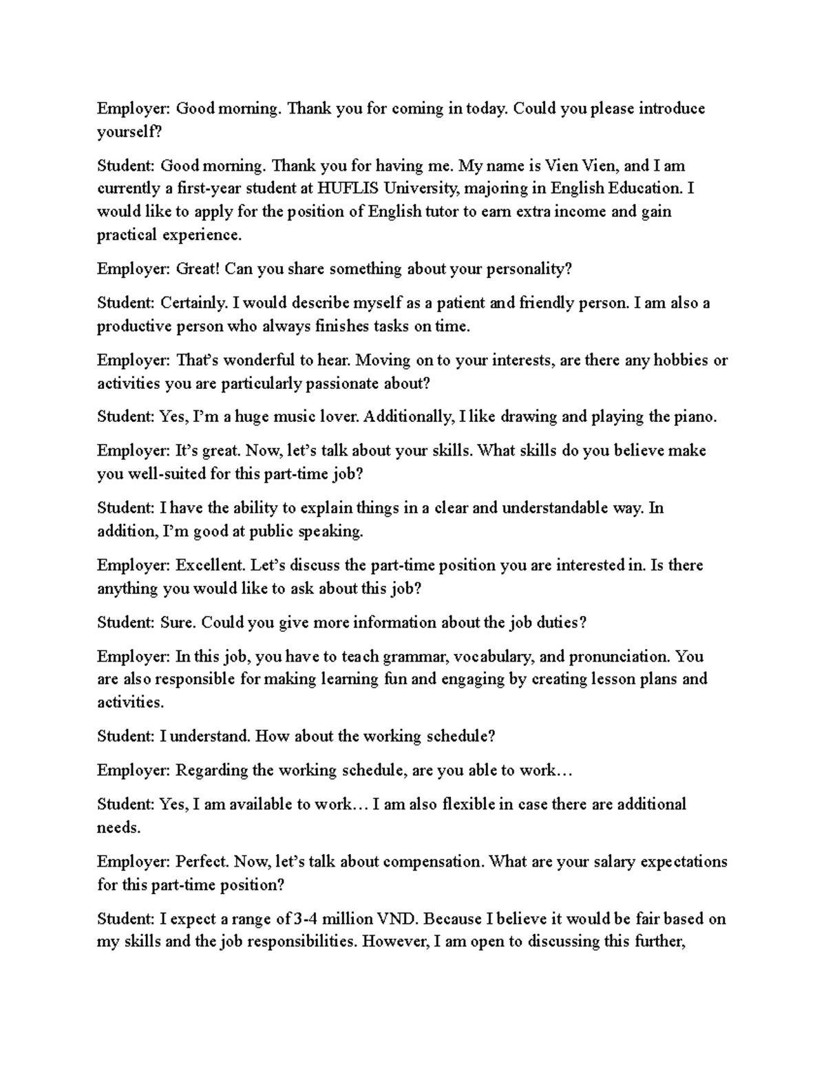 Interview Transcript: English Tutor Position at HUFLIS University - Studocu