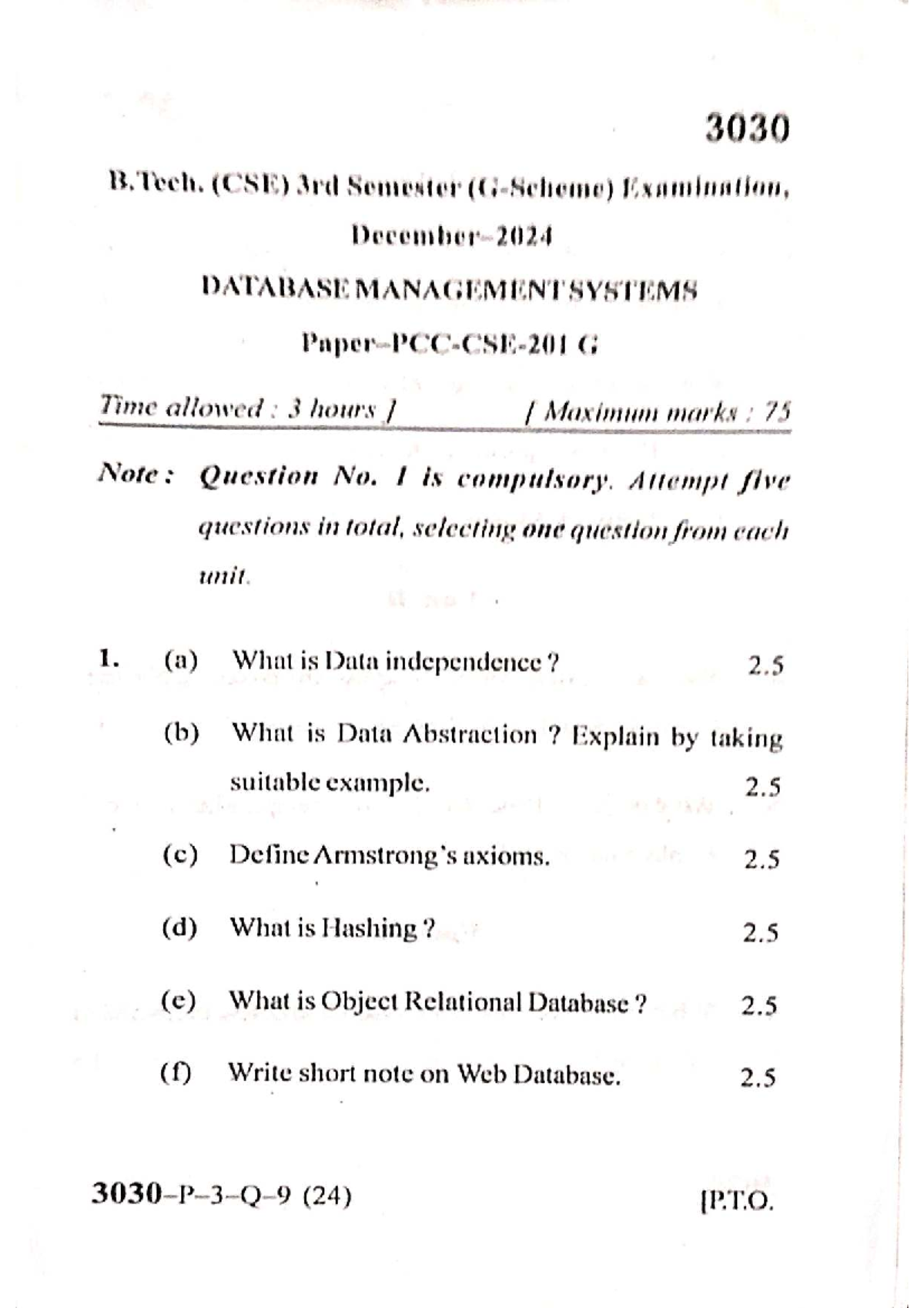 3030 B.Tech. (CSE) 3rd Sem DBMS Exam Paper - 2023-2024 - Studocu