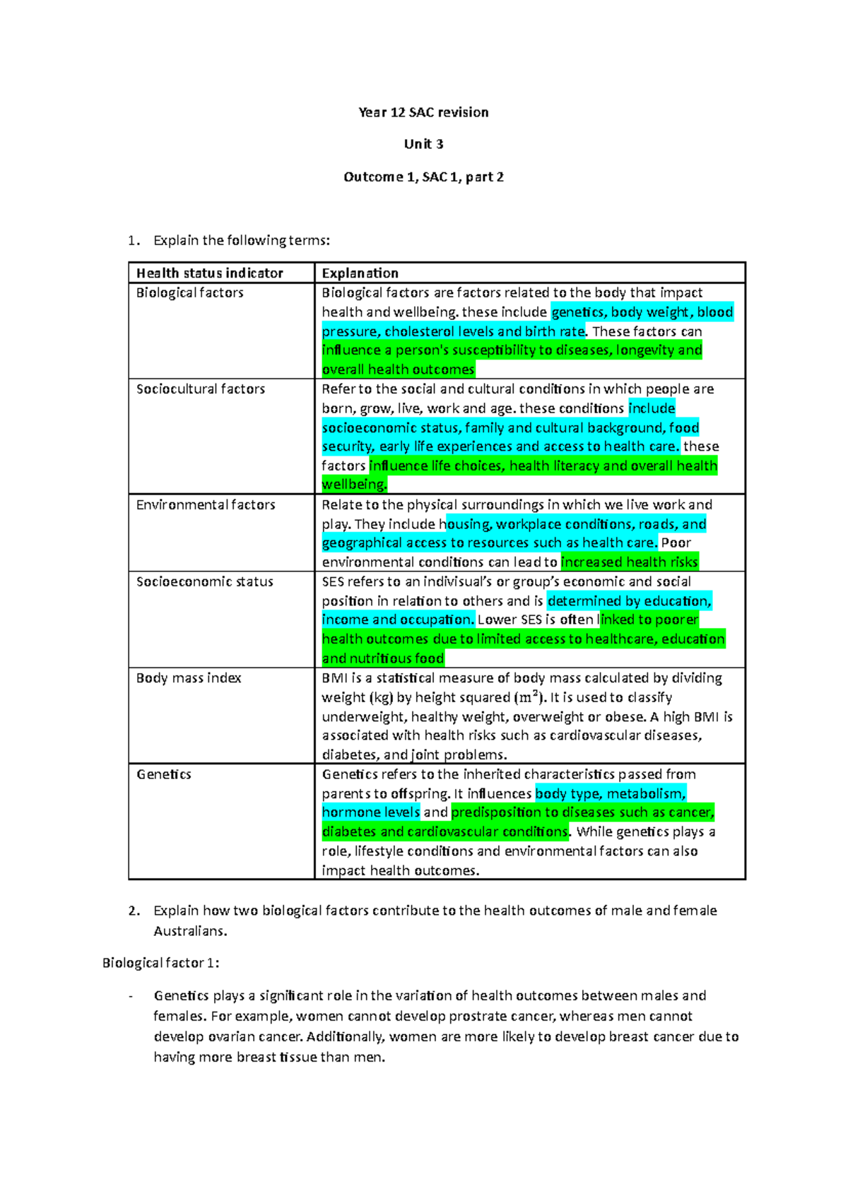 Unit 3 - Outcome 1 SAC 1 Part 2 Health Status Indicators Revision - Studocu