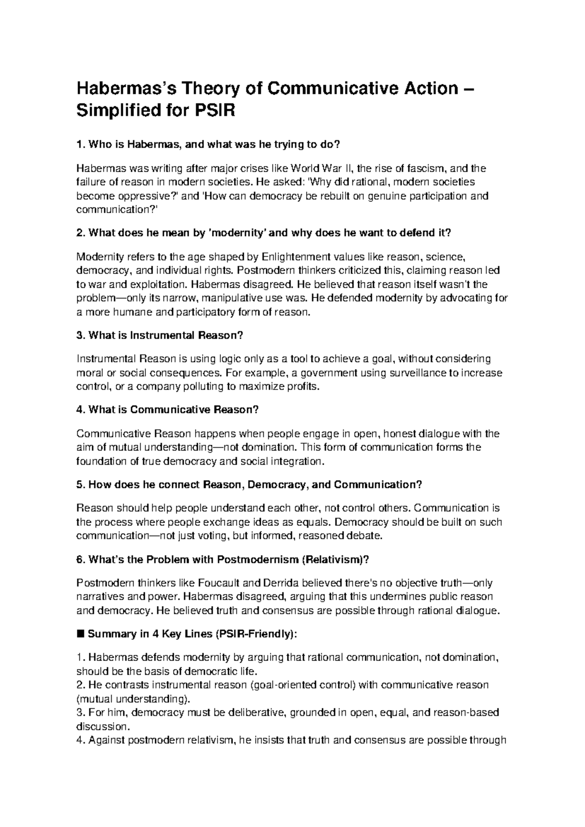 Habermas' Theory of Communicative Action Explained for PSIR 1 - Studocu