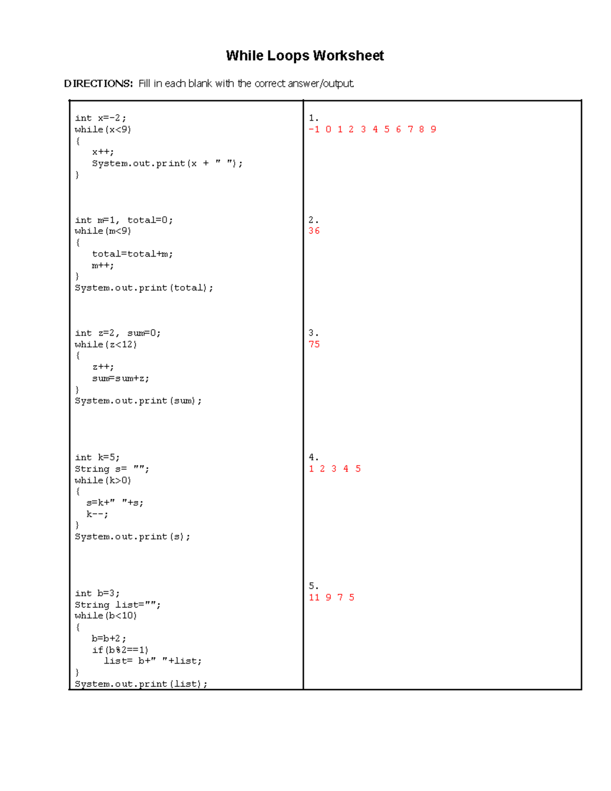 While Loops Worksheet 10 25 - While Loops Worksheet DIRECTIONS: Fill in ...