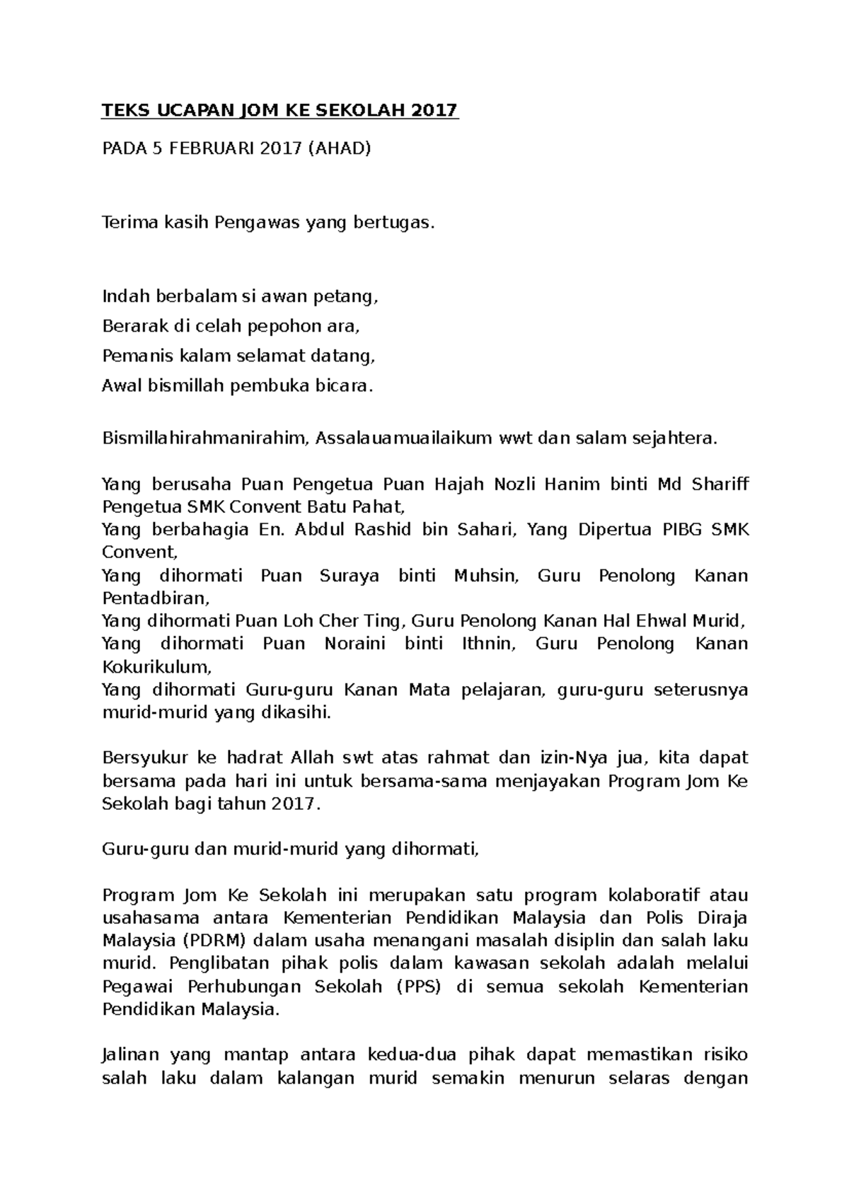 Ucapan Perasmian Program Jom Ke Sekolah 2017 di SMK Convent - Studocu