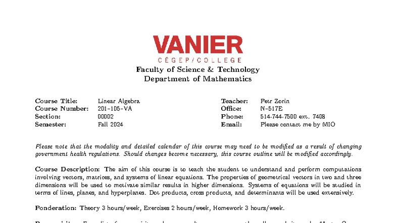 Course Outline: Linear Algebra MATH 101 - Fall 2024 - Studocu