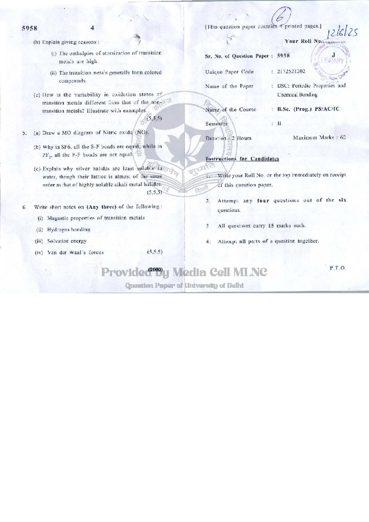 Periodic Properties and Chemical Bonding PYQ - B.Sc. (Prog.) Sem II ...