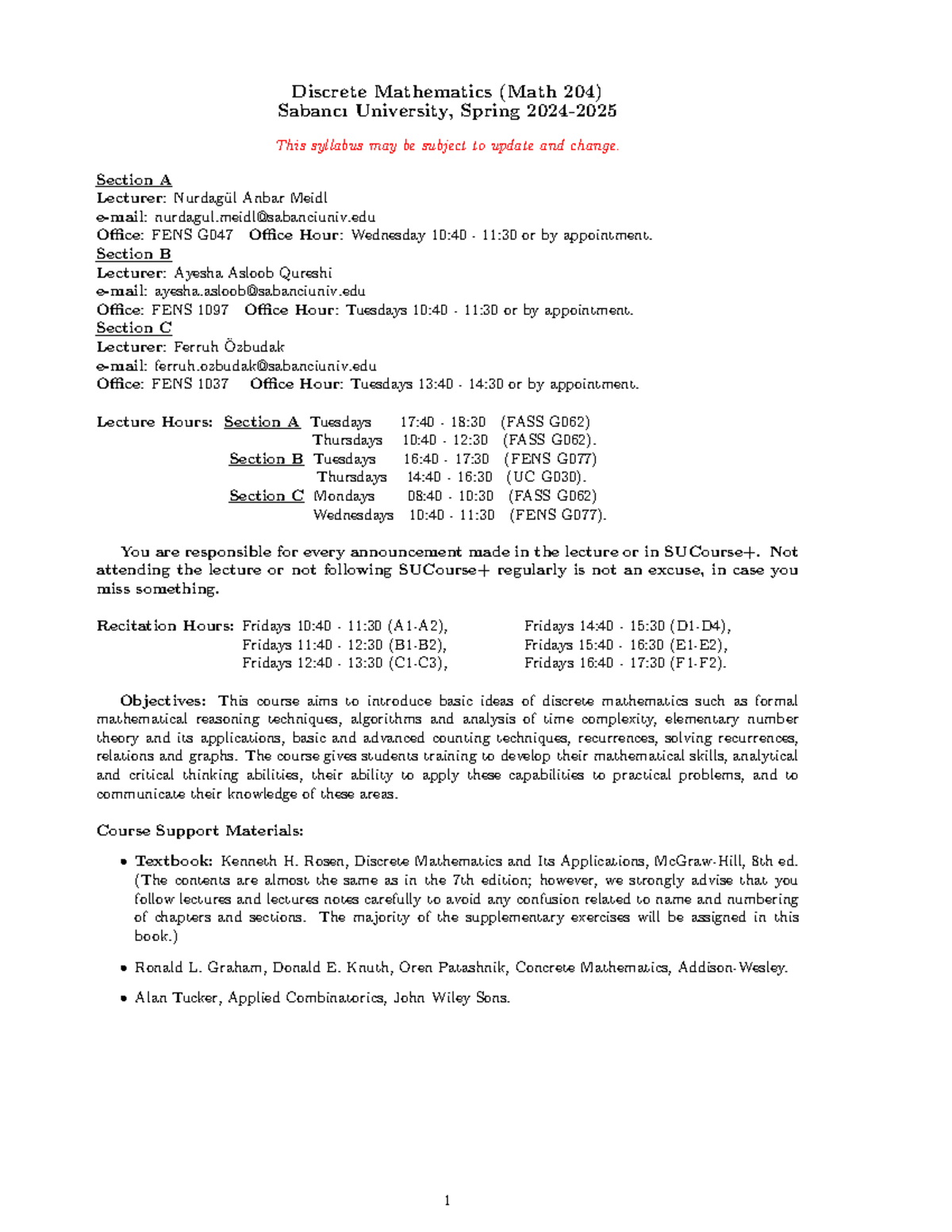 Math 204 Discrete Mathematics Syllabus - Spring 2025 at Sabancı ...