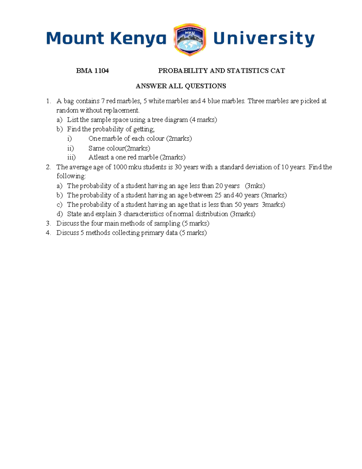 BMA 1104 PROBABILITY AND STATISTICS CAT 1 ANSWERS & EXPLANATIONS - Studocu