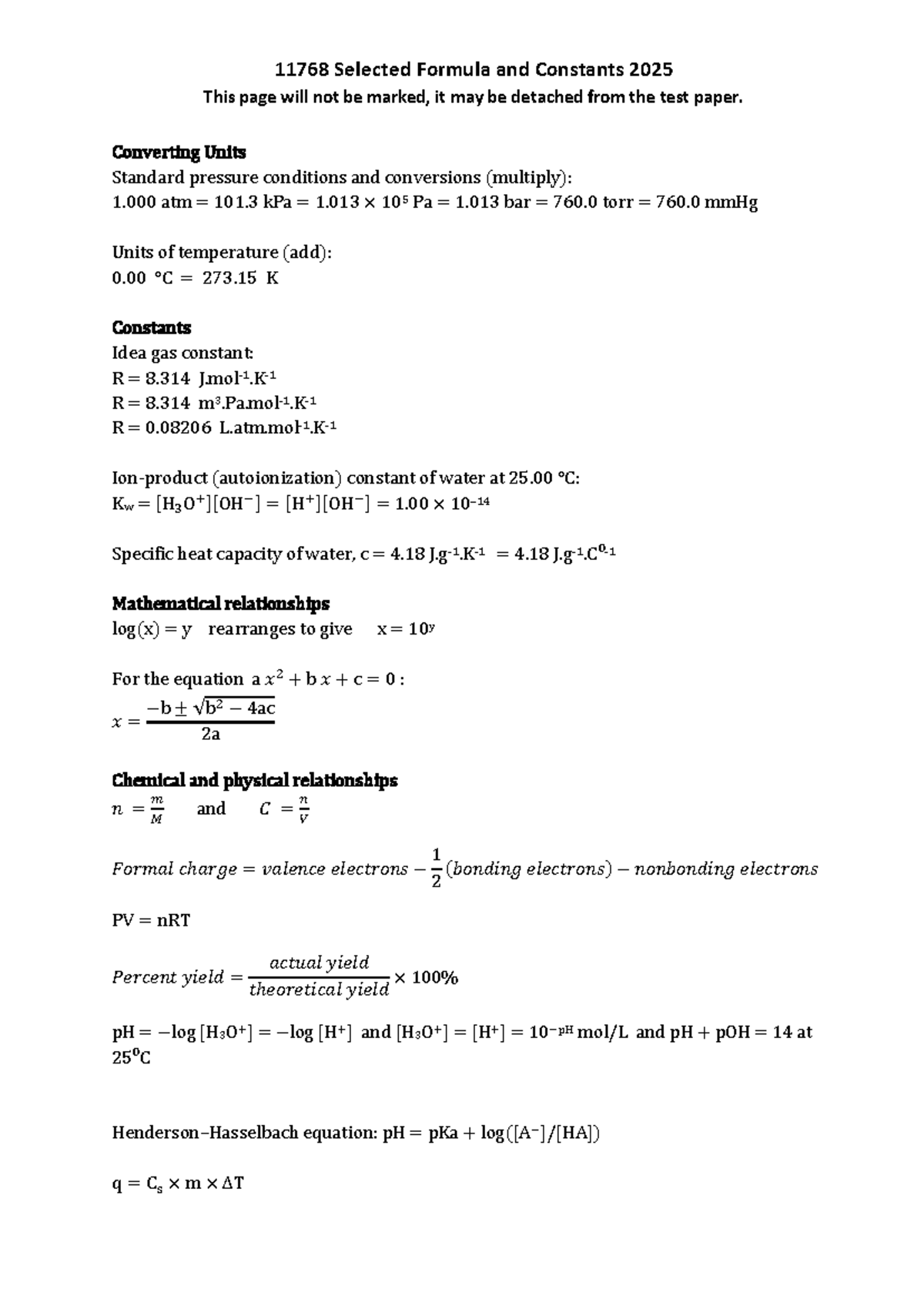 Selected Formulas and Constants for Chemistry CF 11768 2025 - Studocu