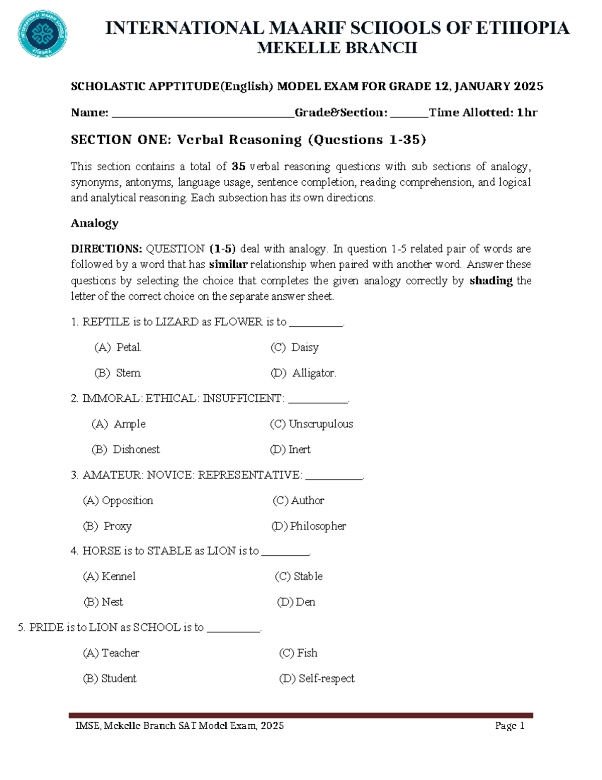 SAT Scholastic Aptitude Model Exam for Grade 12 - Final Test - Studocu