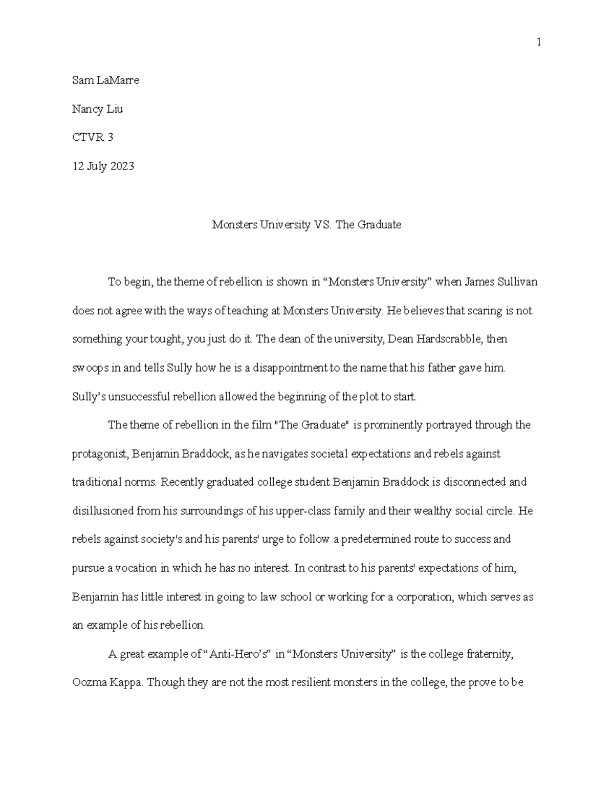 CTVR 3 - Analysis of Rebellion Themes in Monsters Inc. & The Graduate ...