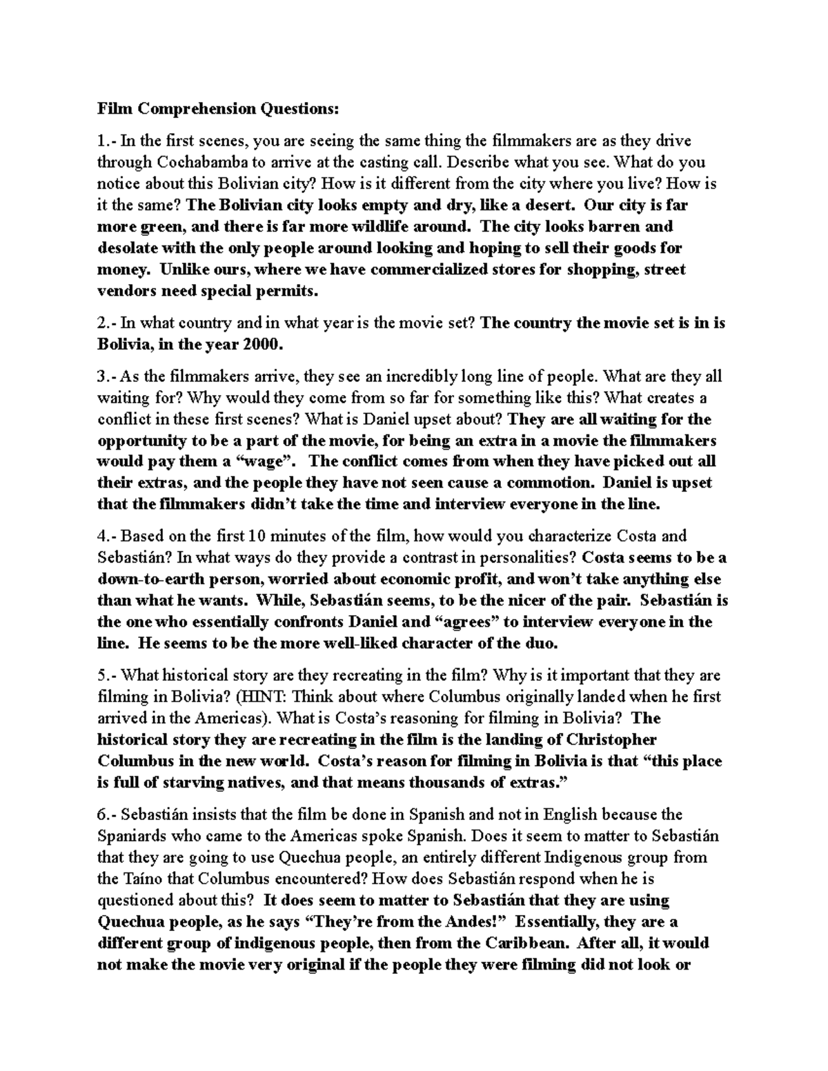 Film Comprehension Questions for Cinema Studies 101: Analysis of ...