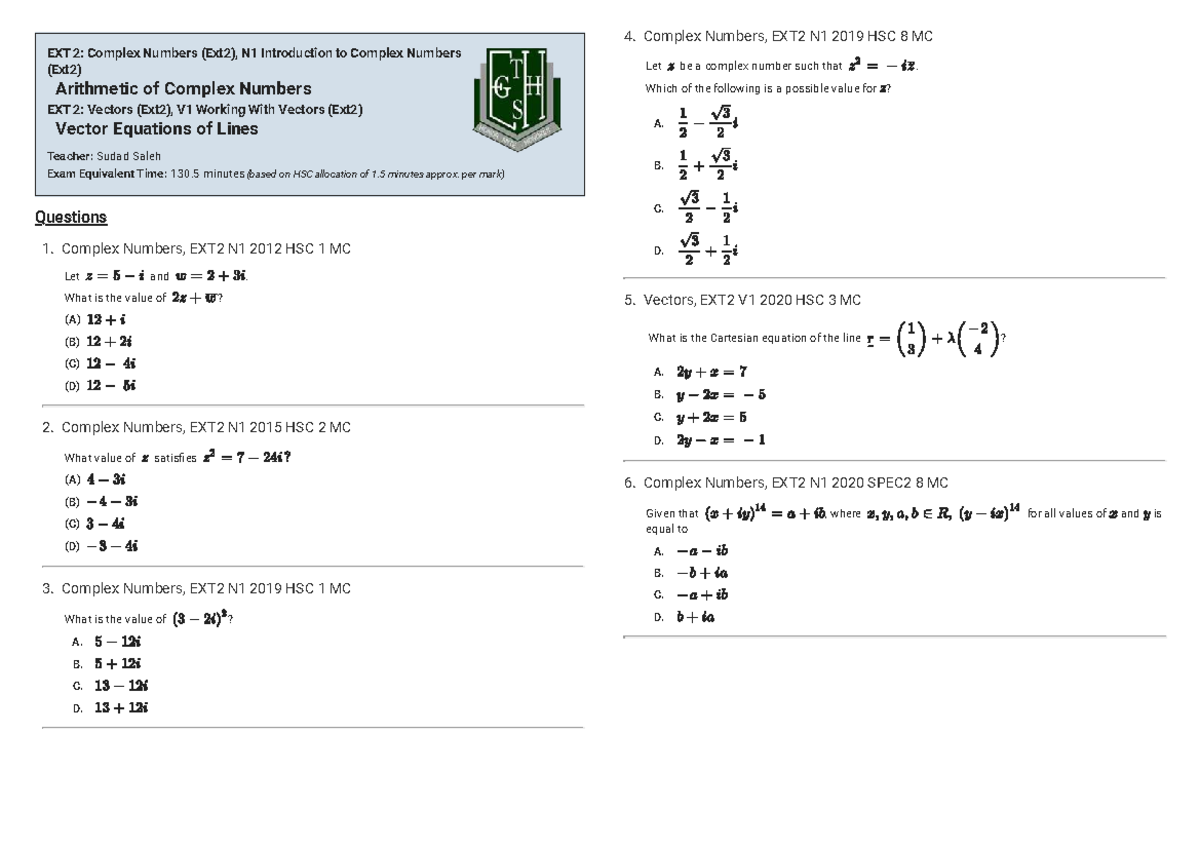 Complex Numbers & Vectors, EXT2 N1 2019 HSC Exam Prep - Studocu