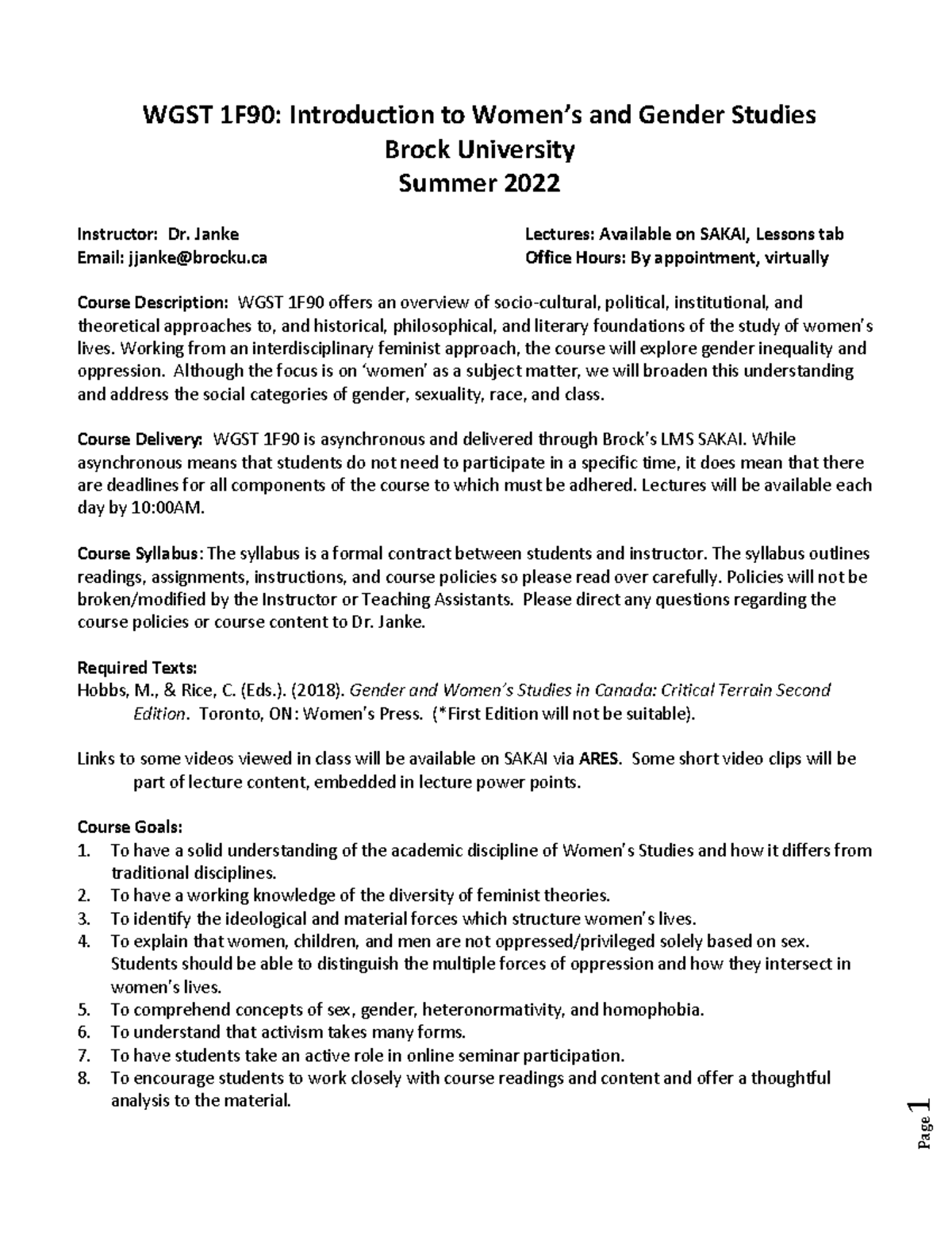 WGST 1F90 Summer 2022 Syllabus - 1 WGST 1F90: Introduction to Women’s ...