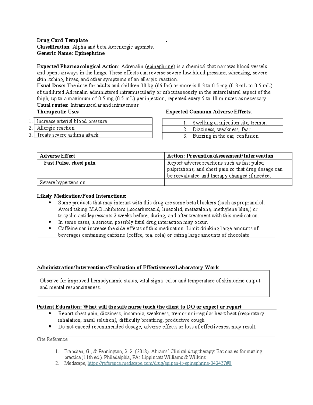 Epinephrine Drug Card Template: Alpha & Beta Agonists Overview - Studocu