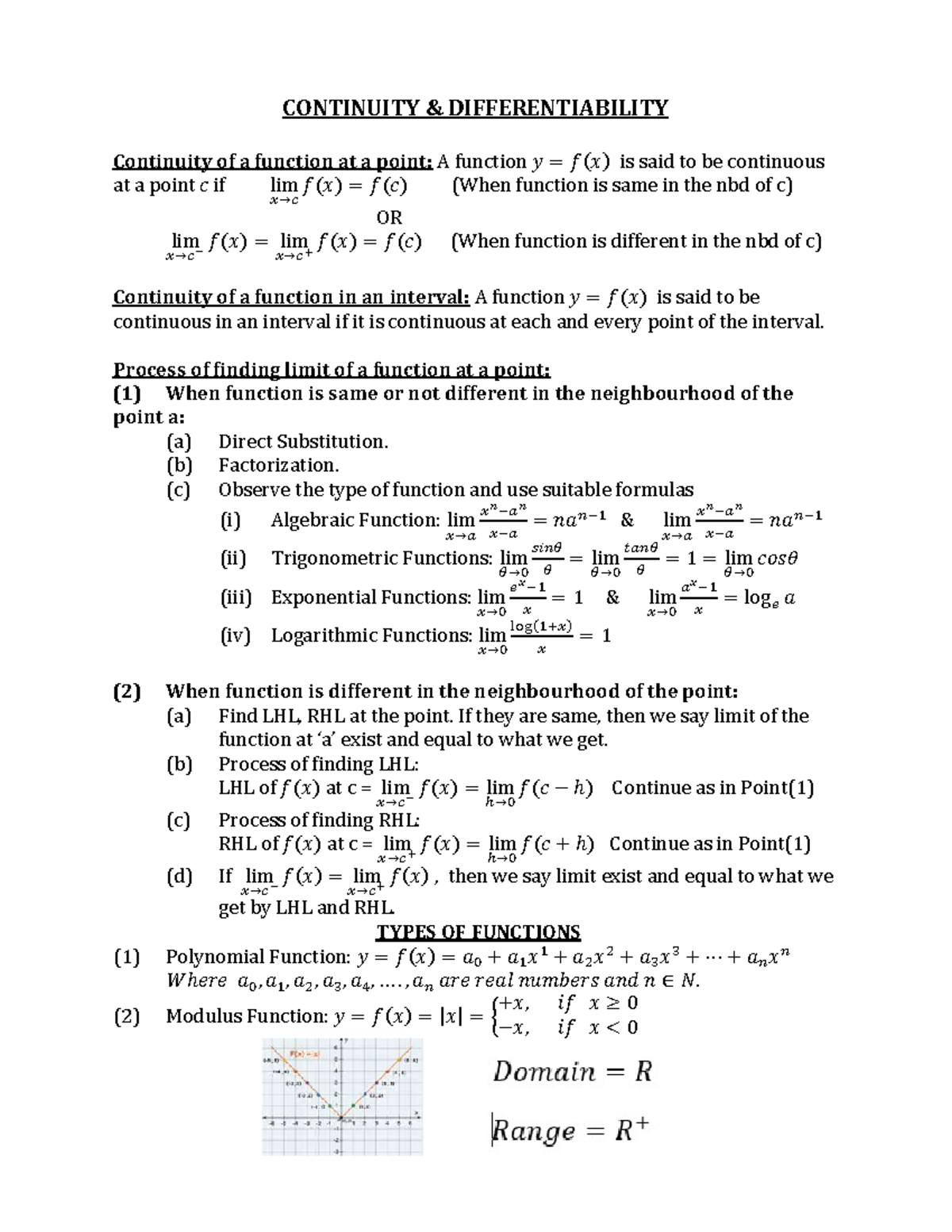 Continuity and Differentiability in Functions: Key Concepts - Studocu