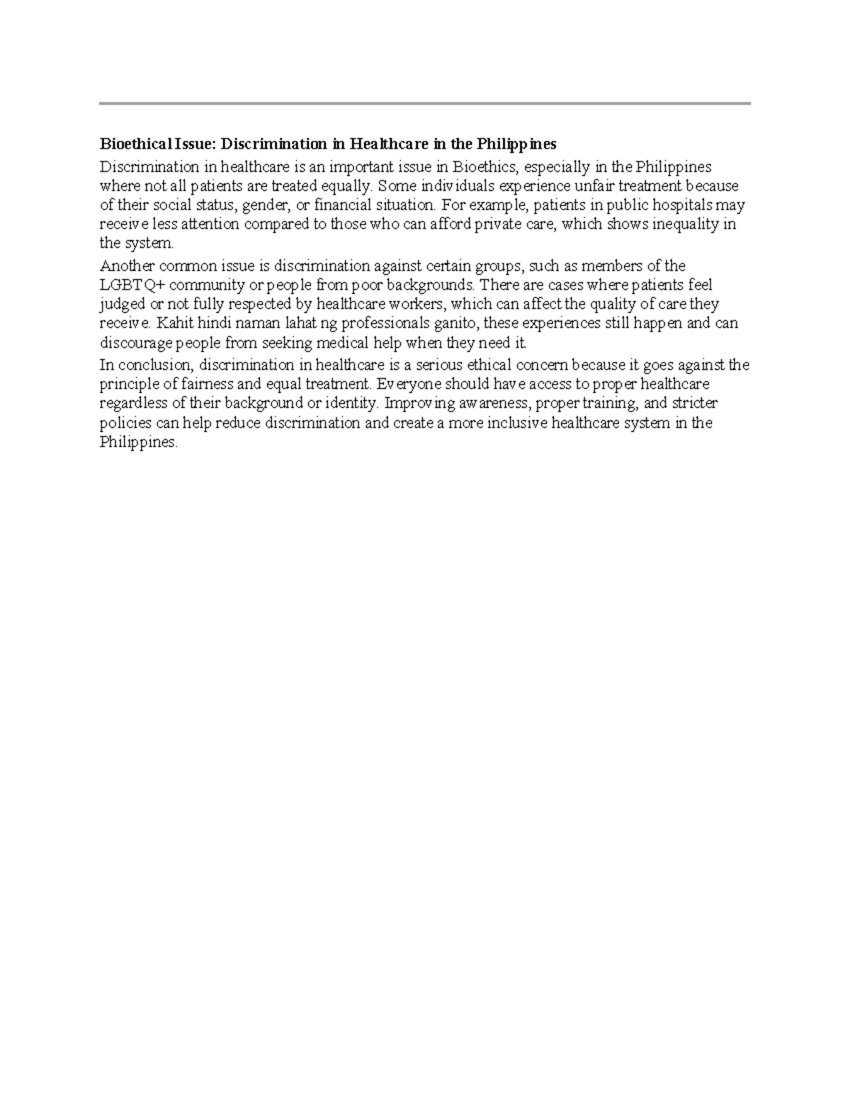 Bioethics 101: Discrimination in Healthcare in the Philippines - Studocu