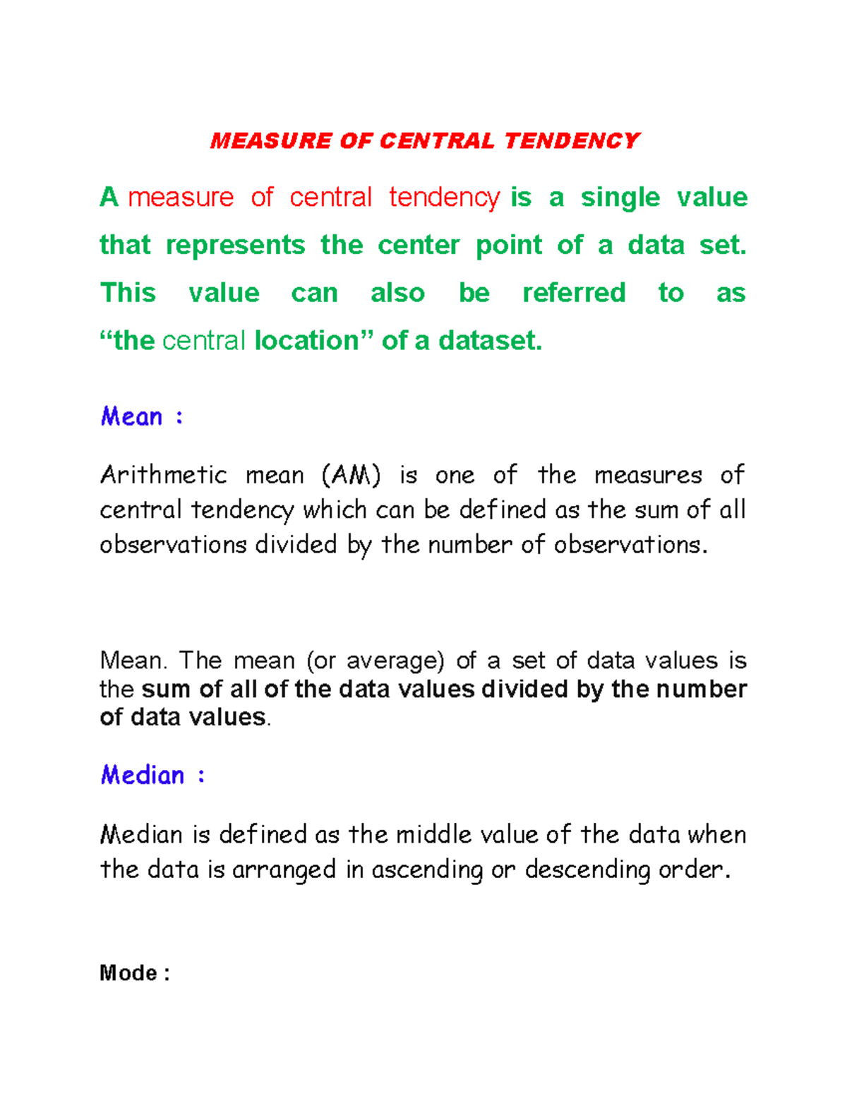 Measures of Central Tendency: Mean, Median, and Mode Explained - Studocu