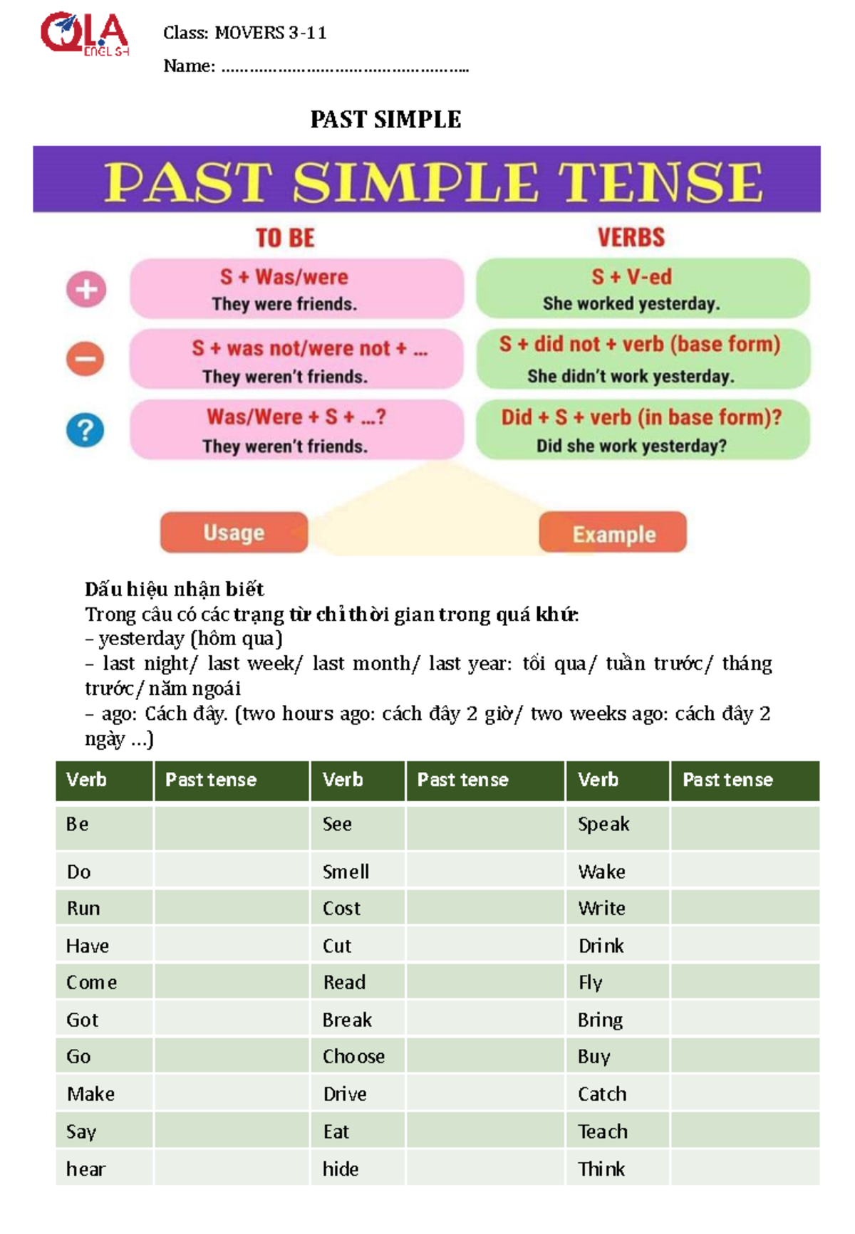 MOVERS: Past Simple Tense Exercises [250620] MV 2-13 - Studocu