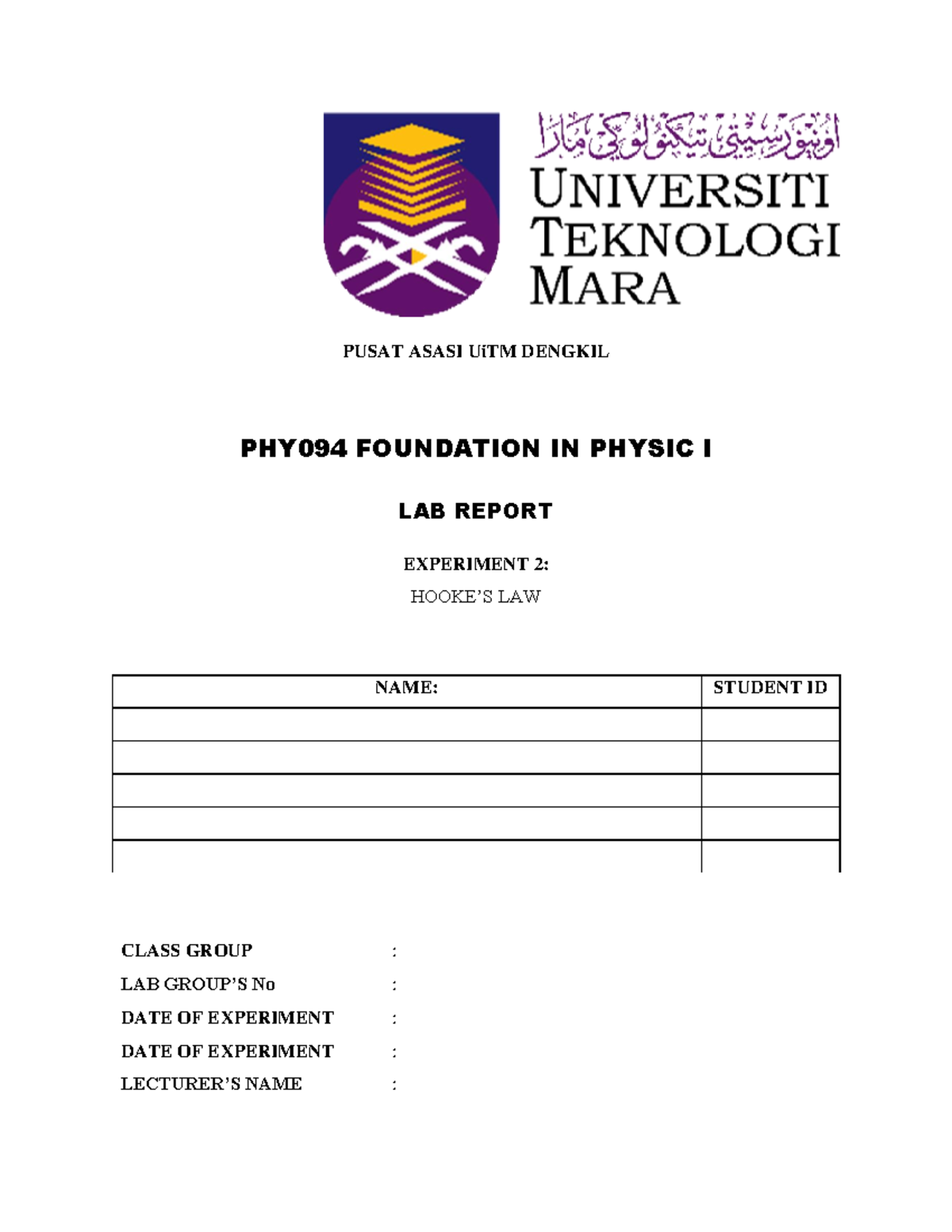 LAB Report PHY094 - Exploring Hooke's Law and Spring Constant - Studocu