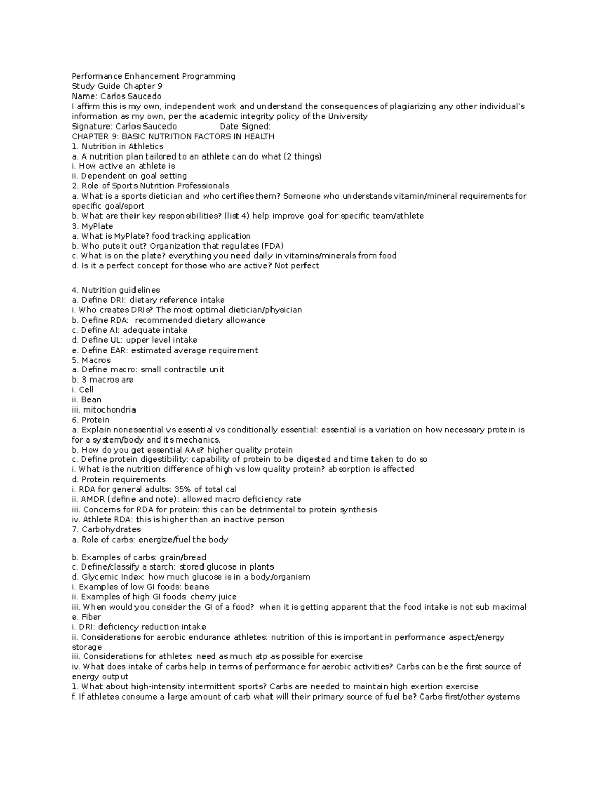 Ch.9 Study Guide PEP - Basics of Nutrition in Performance Enhancement ...