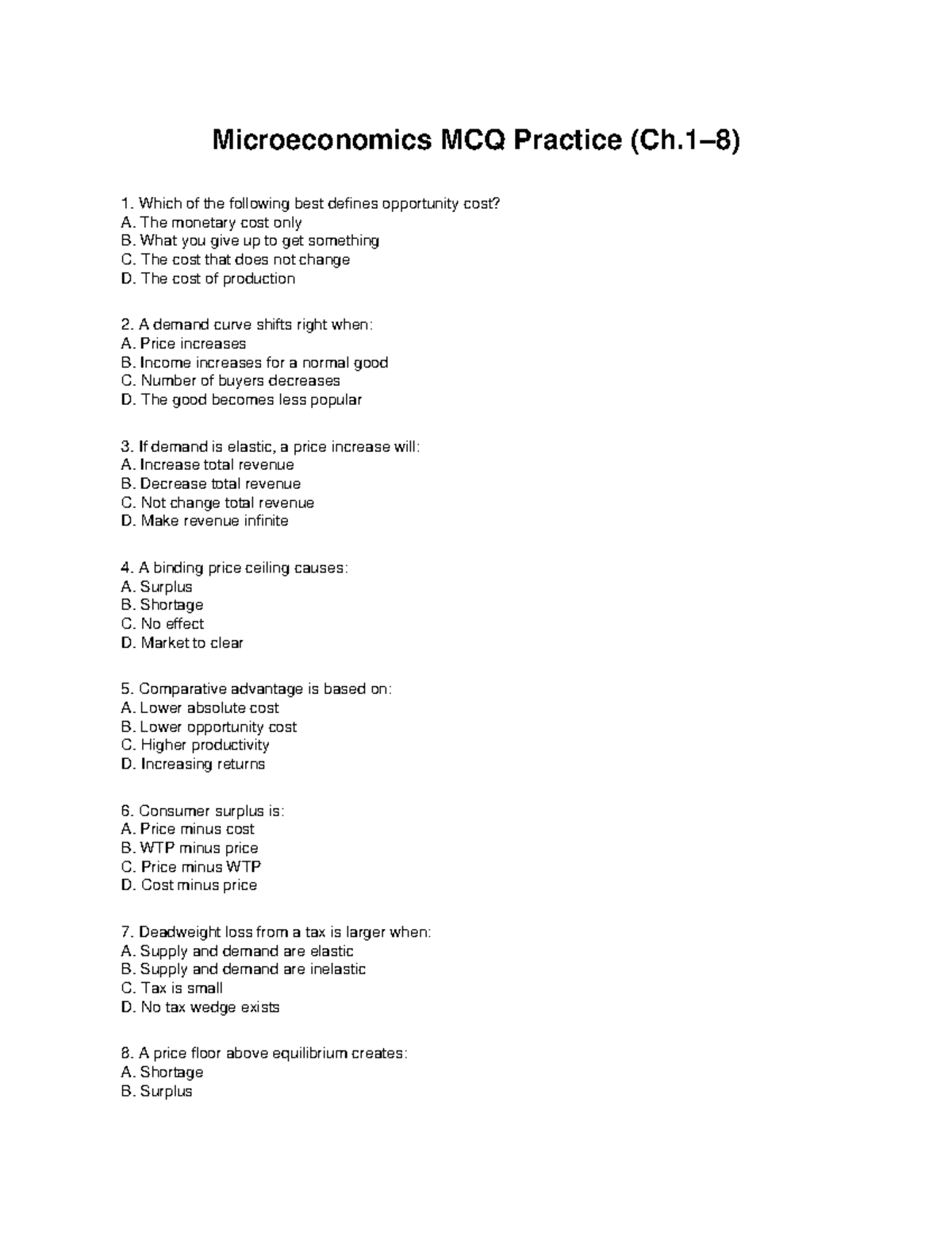 Microeconomics MCQ Practice Set 1: Opportunity Cost & Demand Curves ...