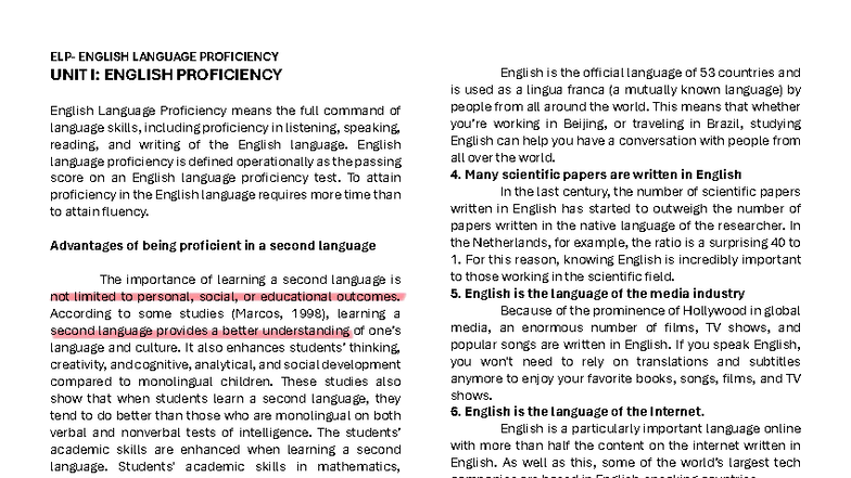 ENGLISH 101: UNIT I GRAMMAR LESSONS FOR LANGUAGE PROFICIENCY - Studocu