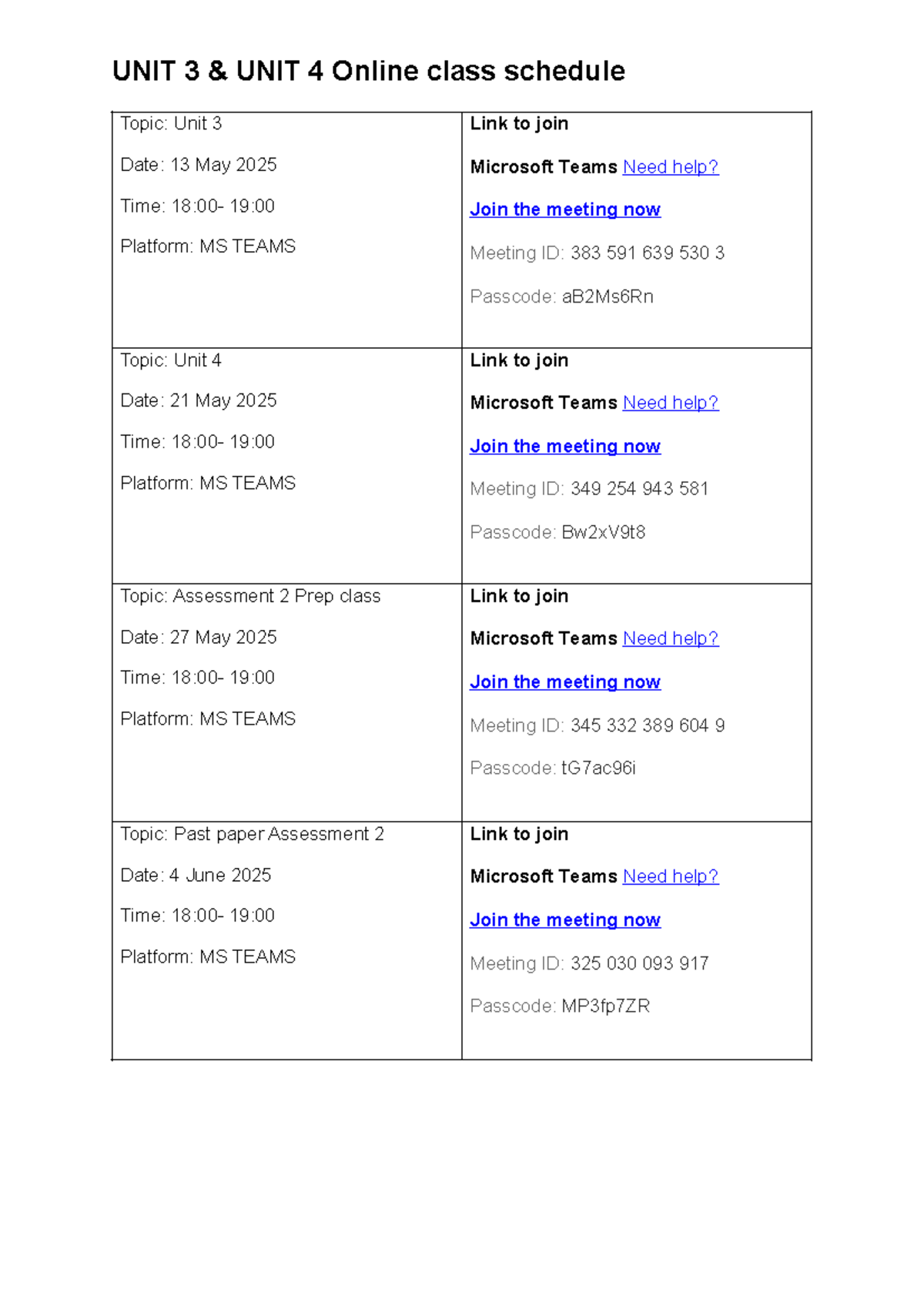 Unit 3 & 4 Online Class Schedule for Microsoft Teams Sessions - Studocu