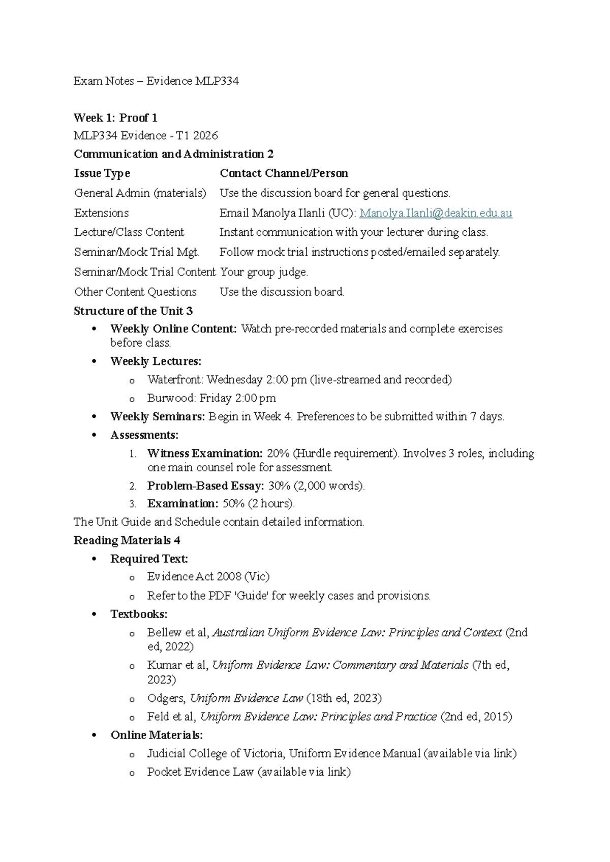 Exam Notes: MLP334 Evidence Week 1 - Key Concepts and Mock Trial Guide ...