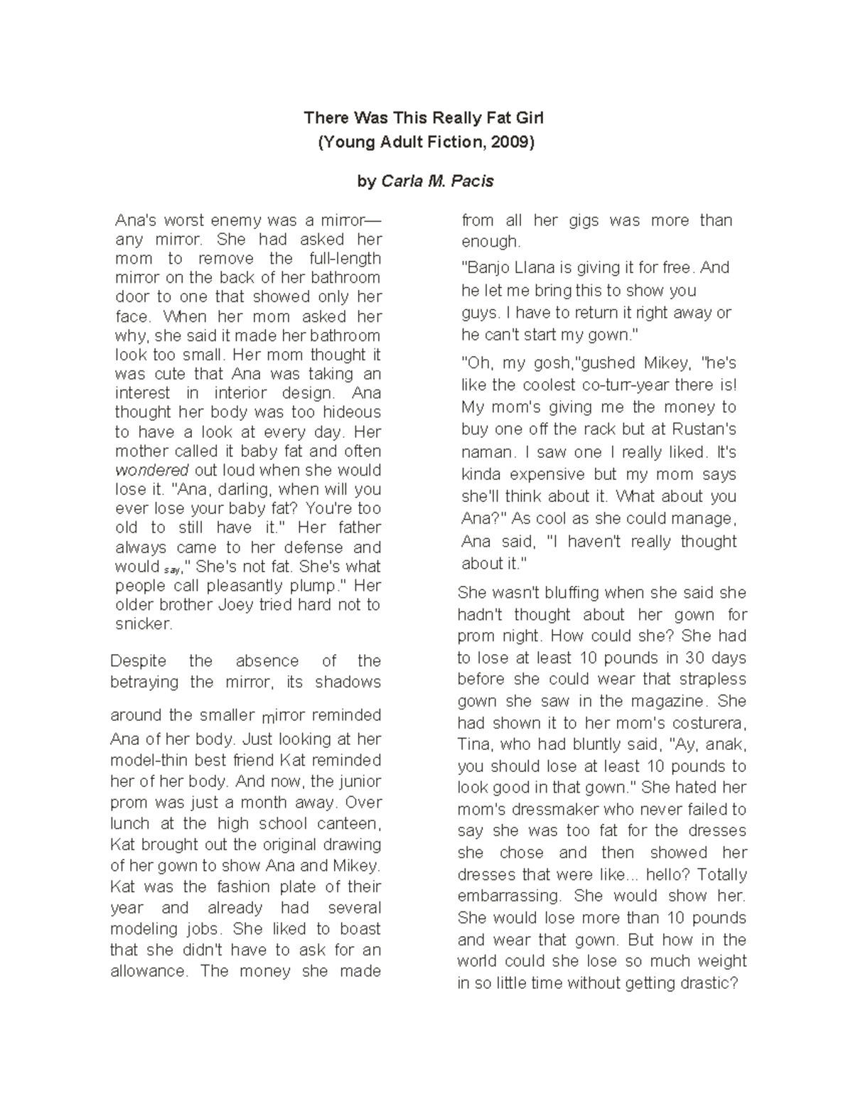 Title: YA Fiction Analysis: "There Was This Really Fat Girl" (2009 ...
