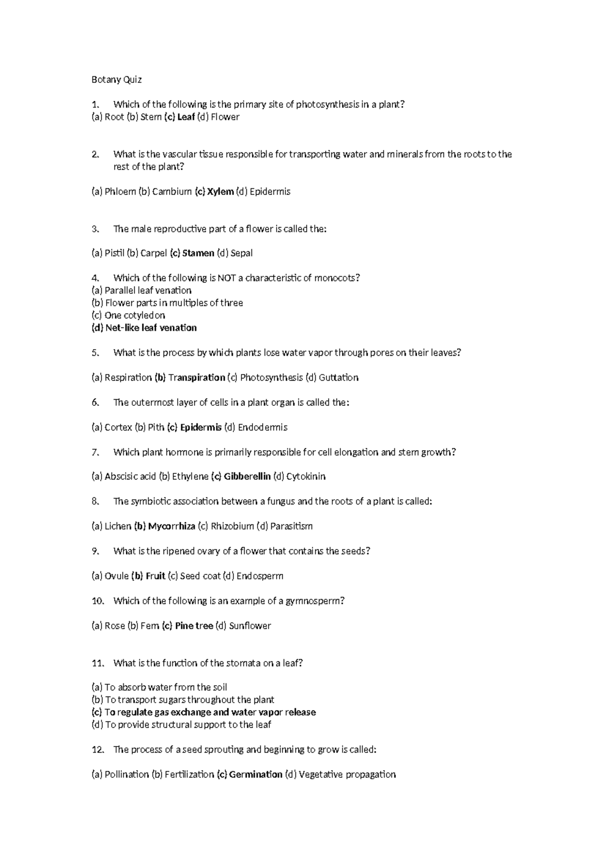 Botany Quiz 1: Key Concepts and Questions for Review - Studocu