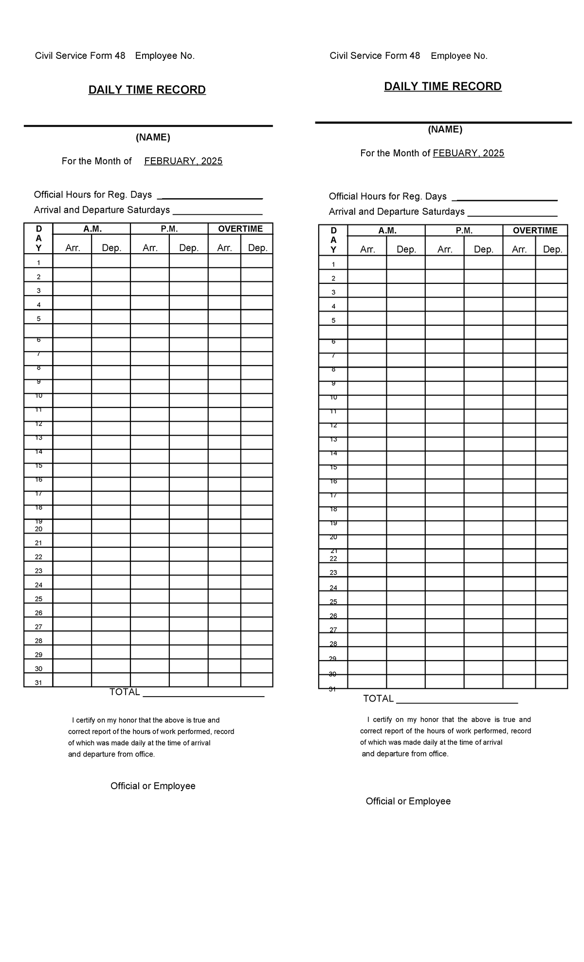 DTR SOFT COPY - DTR-CSC - Civil Service Form 48 Employee No. DAILY TIME ...