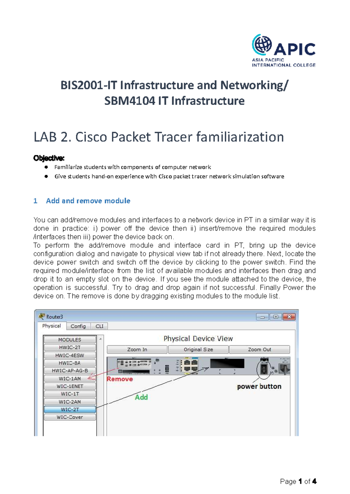Lab 2: Cisco Packet Tracer Familiarization - SBM4104 IT Infrastructure ...