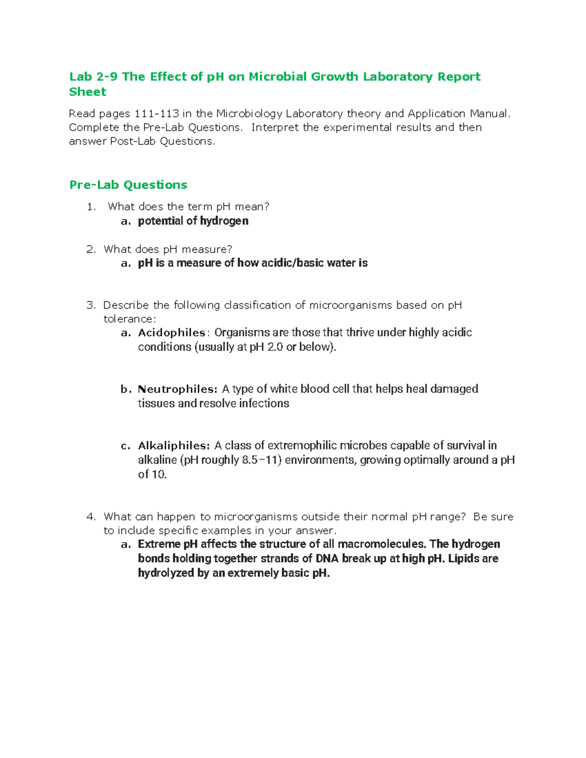 Lab 2-9 The Effects of PH on Microbial Growth Laboratory Report Sheet ...