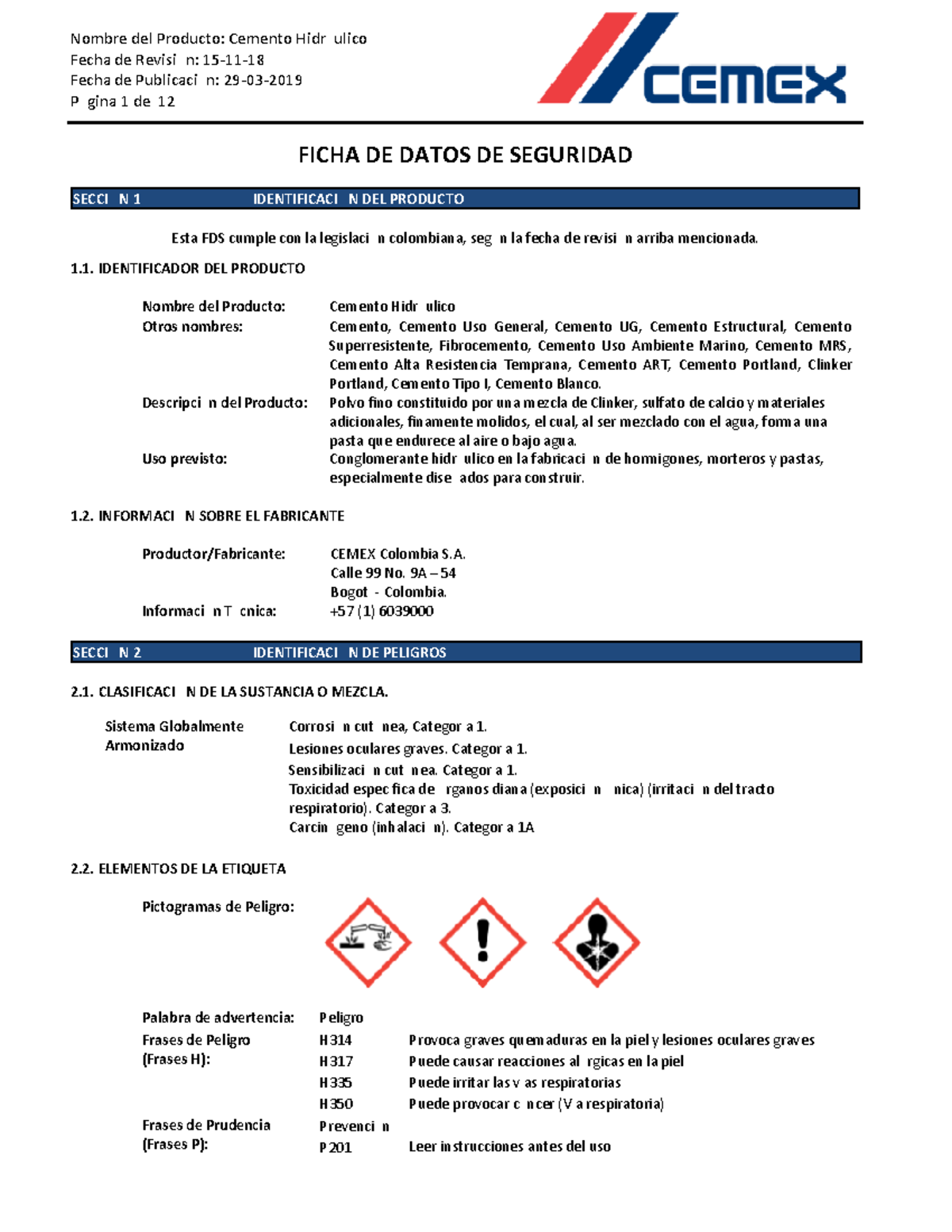 Ficha de Datos de Seguridad MSDS de Cemento Cemex (Colombia) - Studocu