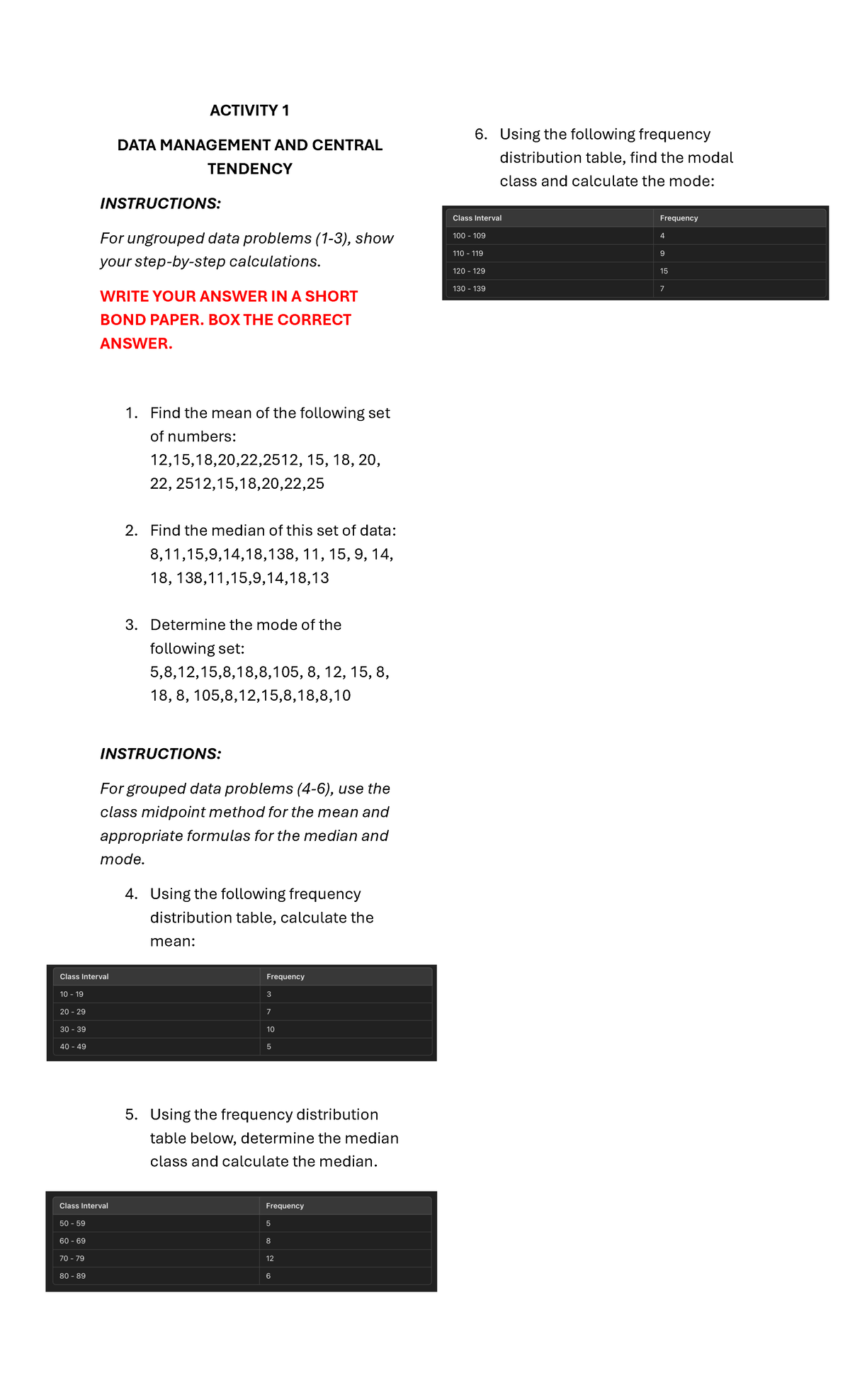 Activity 1 Data Management and Central Tendency - ACTIVITY 1 DATA ...