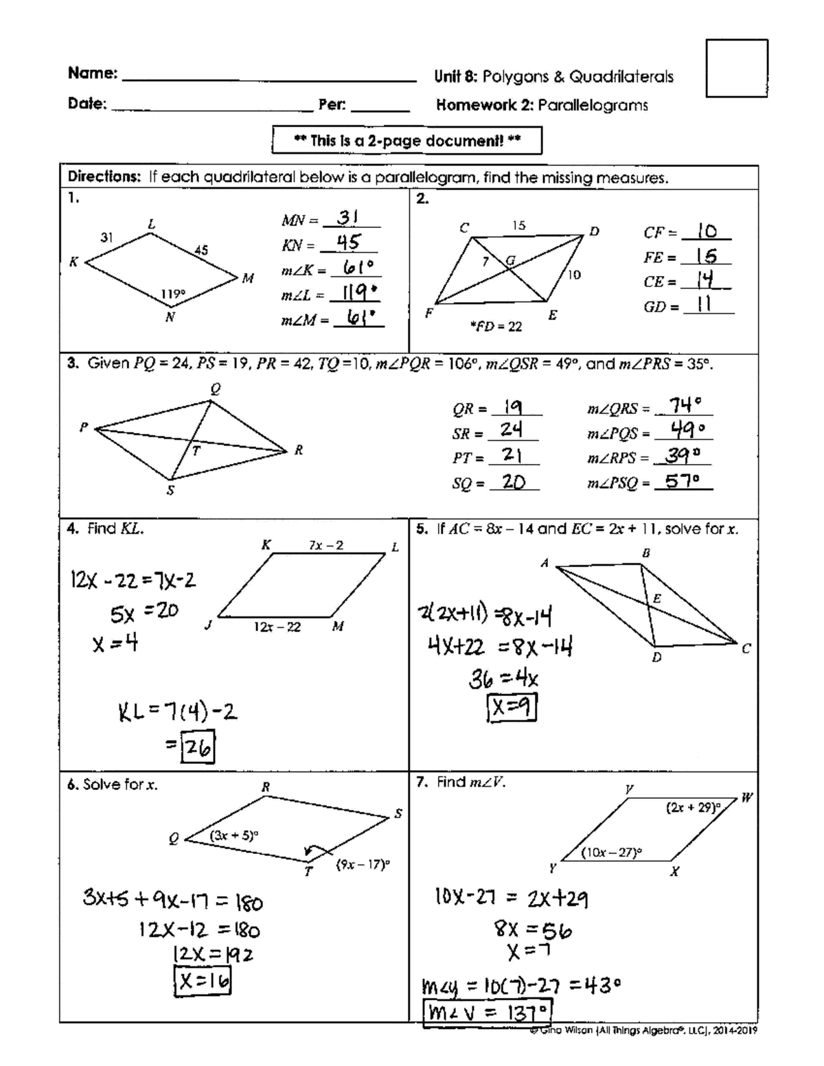 Unit 8: Polygons - Parallelograms Homework 2 Answer Key - Studocu