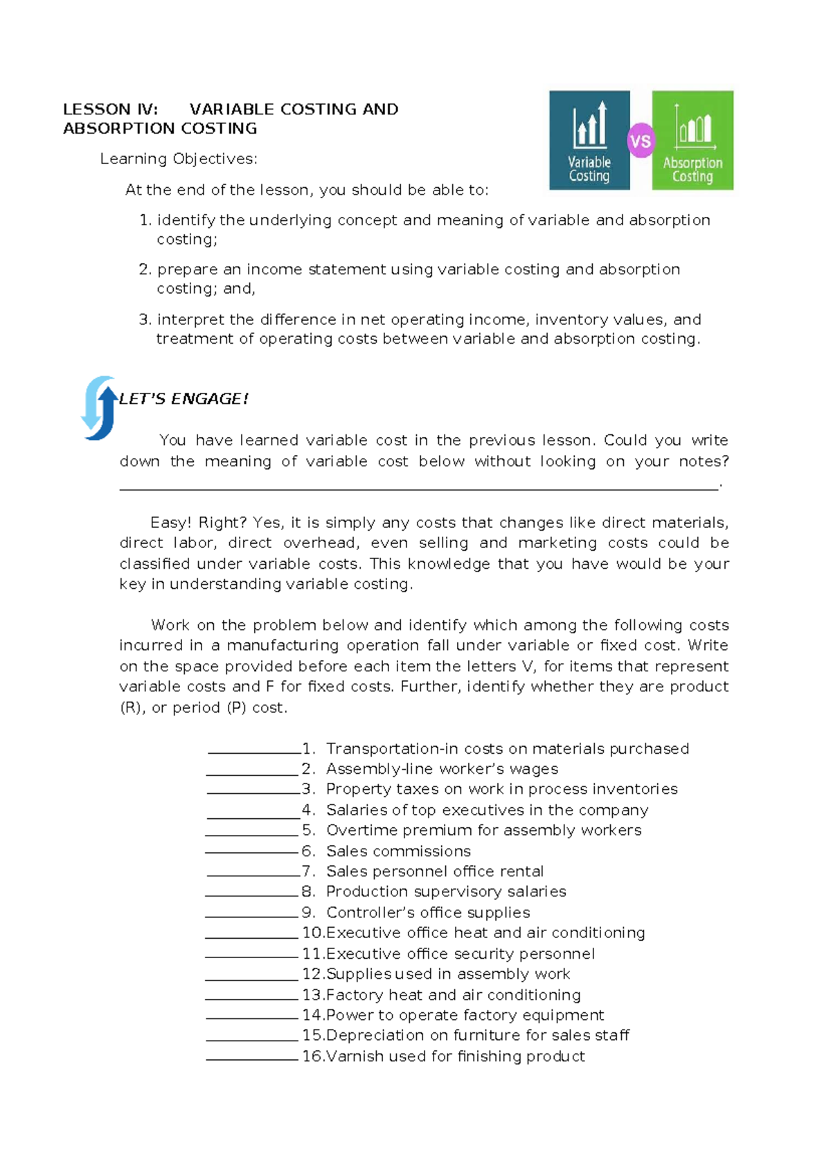 Lesson IV: Variable Costing vs. Absorption Costing Analysis - Studocu