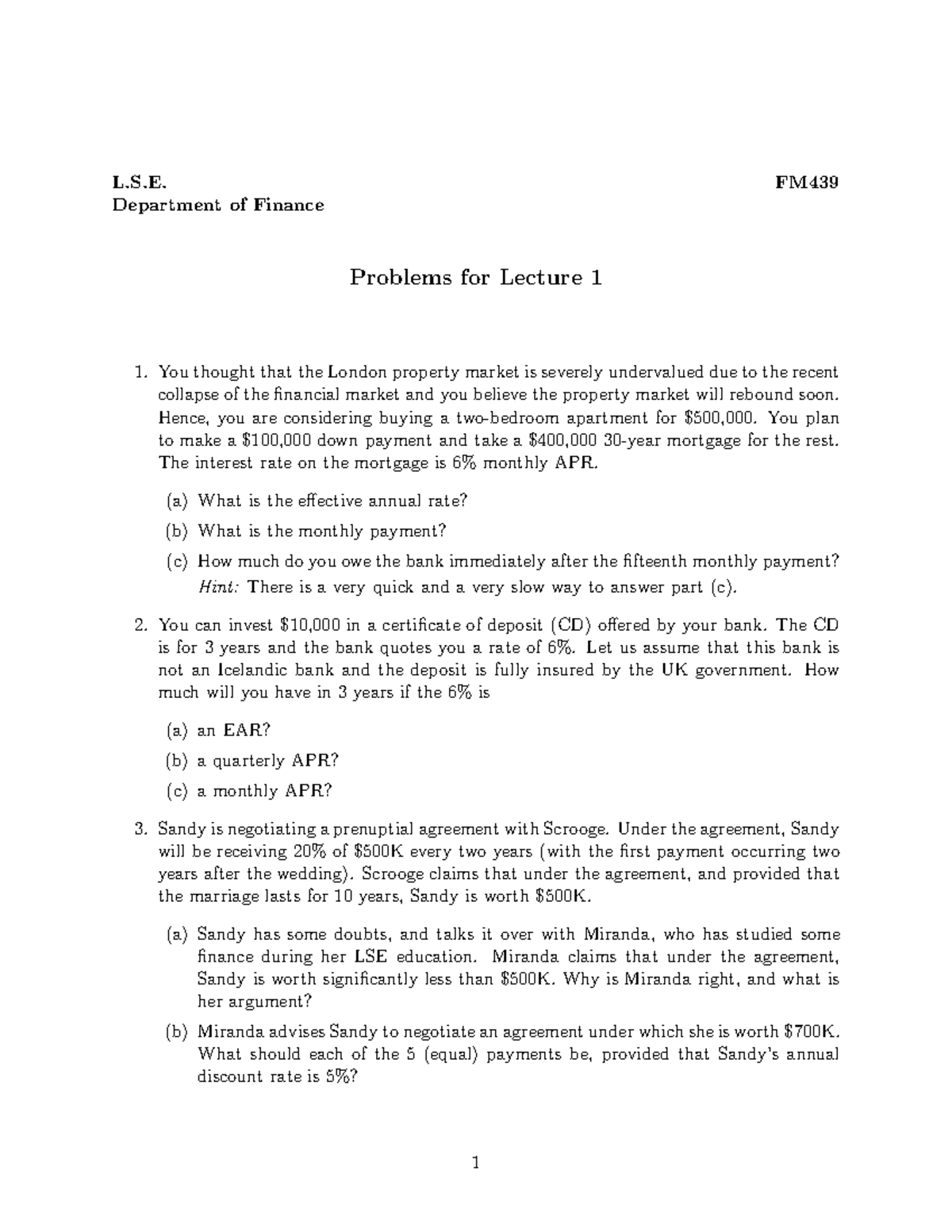 Problem Set 1 - Finance 101 Lecture Problems and Solutions - Studocu