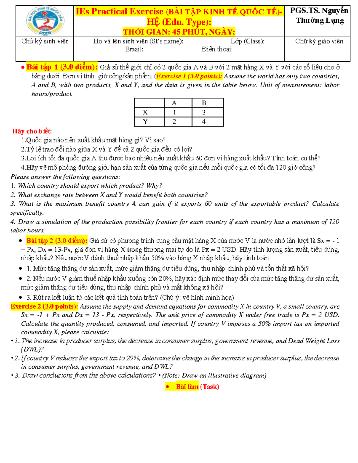 Midterm Exercise in International Economics (IEs) - PGS.TS. Nguyễn ...