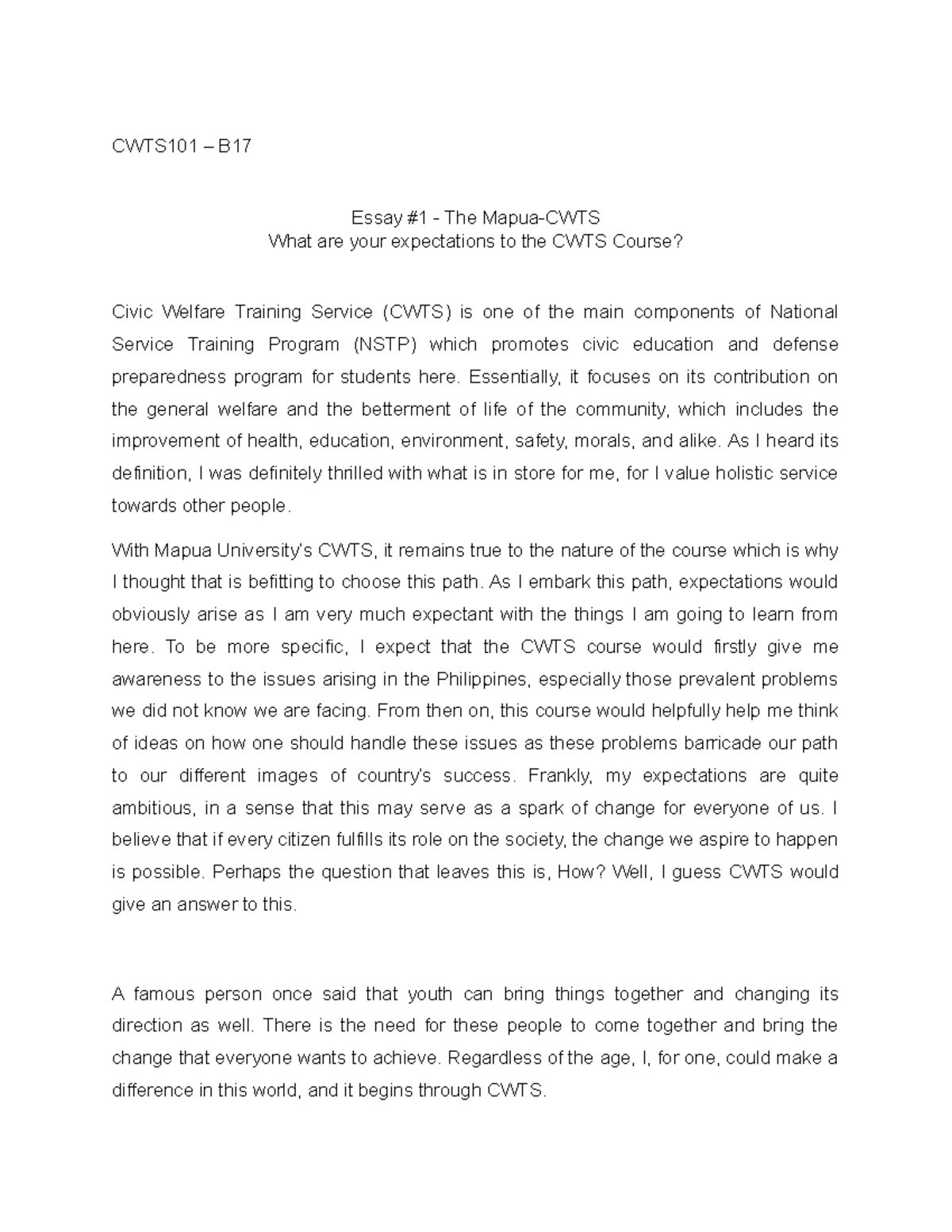 CWTS101 Week 1 Essay: Expectations for Civic Welfare Training - Studocu