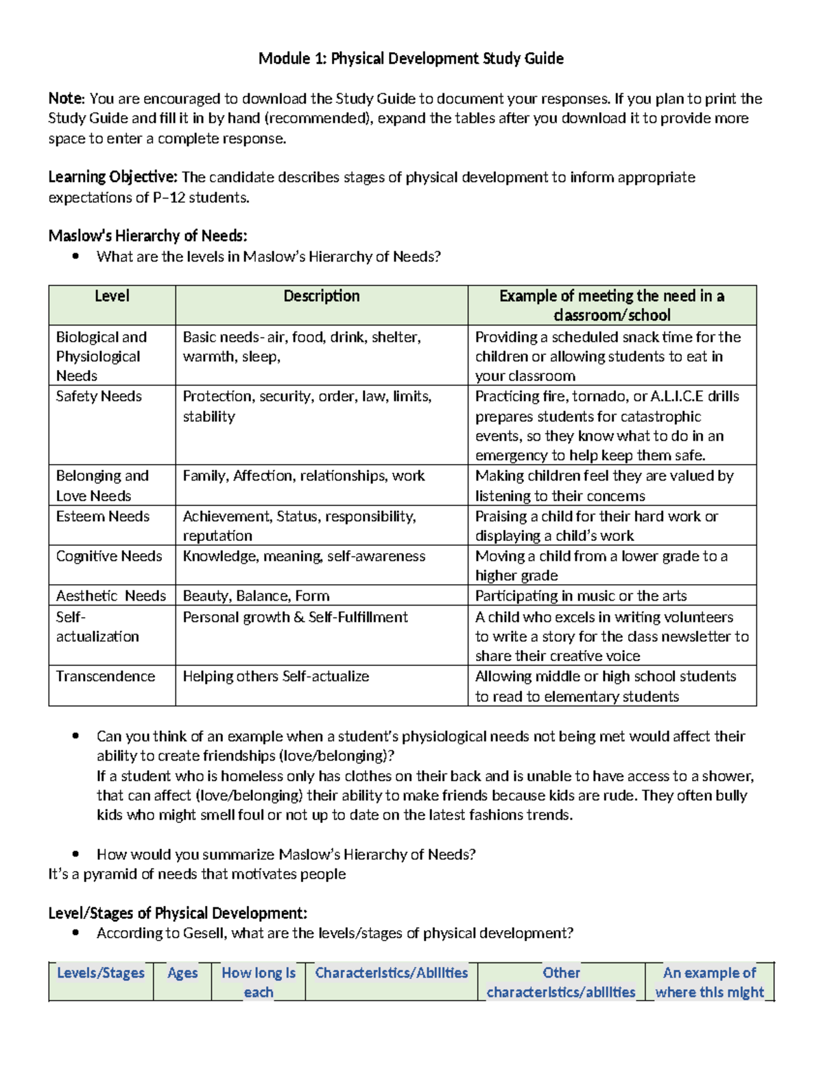 D094 D307 M1 Study Guide - Module 1: Physical Development Study Guide Note: You are encouraged ...
