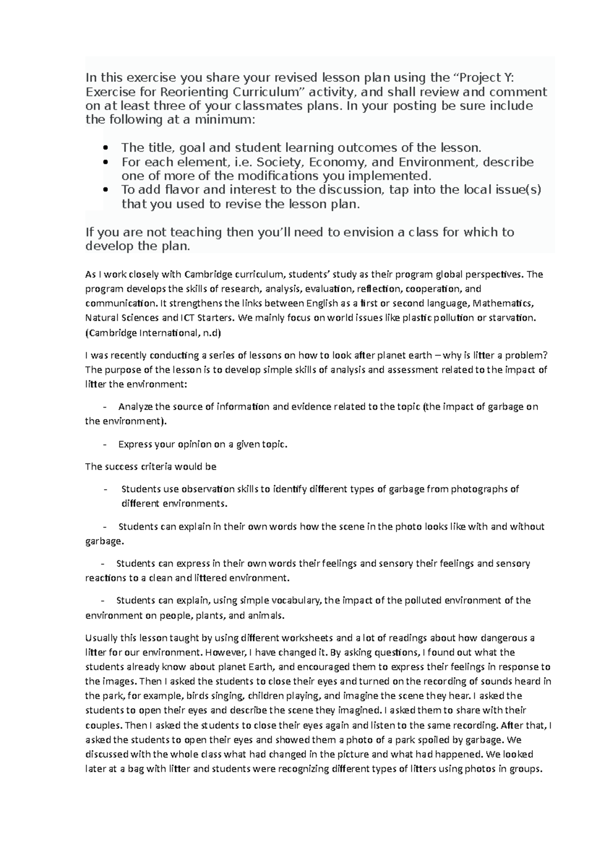 Unit 2 - Revised Lesson Plan on Environmental Awareness - Studocu