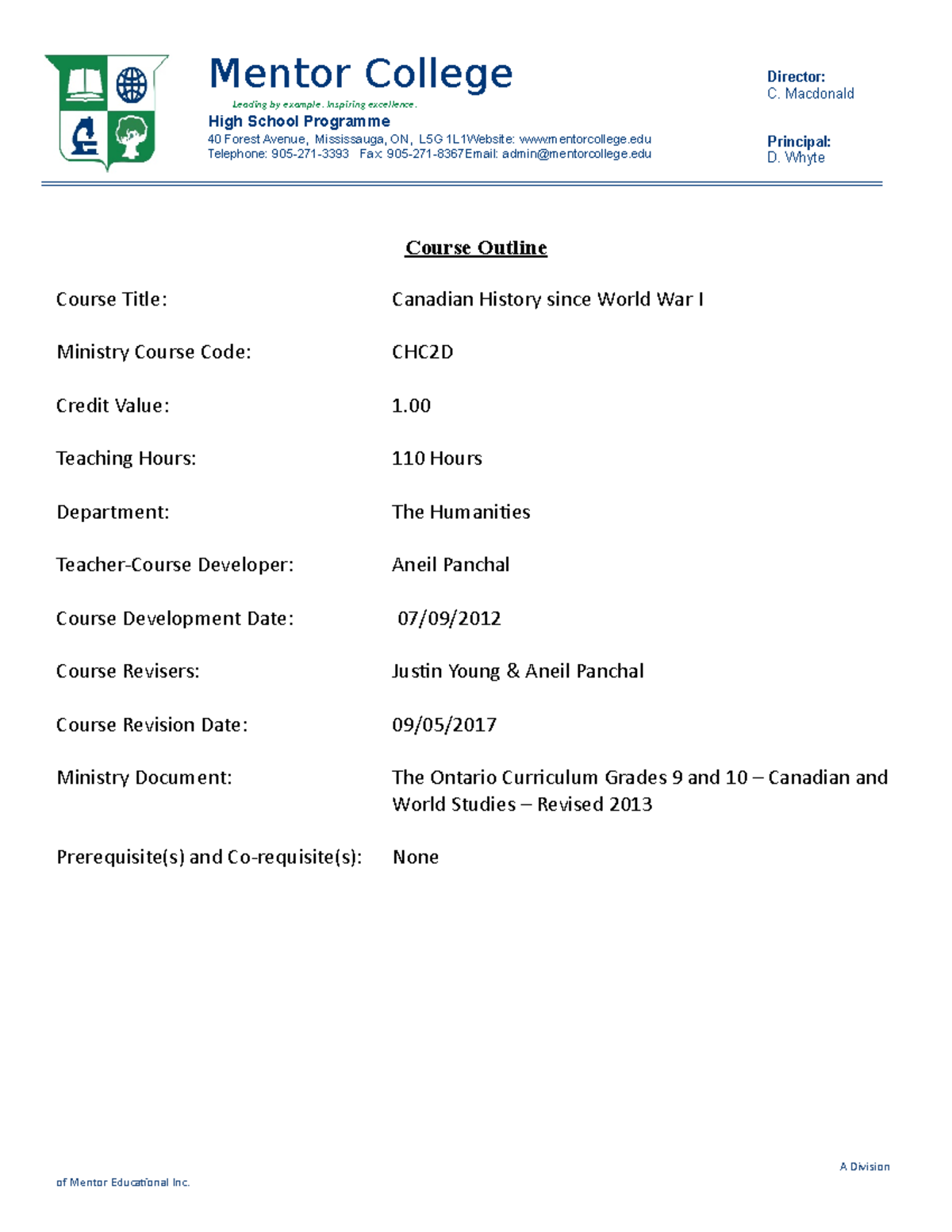 CHC2D - Course Outline - Revised 2020 - Course Outline Course Title ...