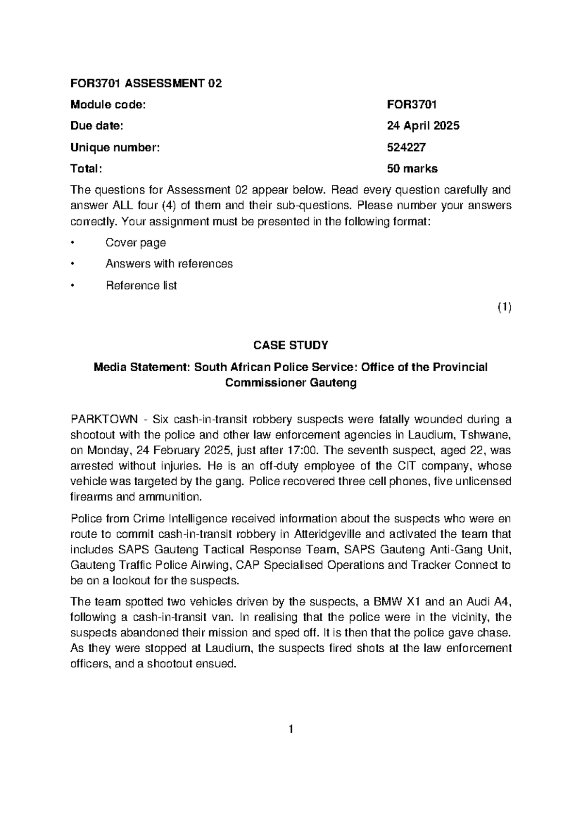 For3701 assessment 02: Case study on robbery investigation - Studocu