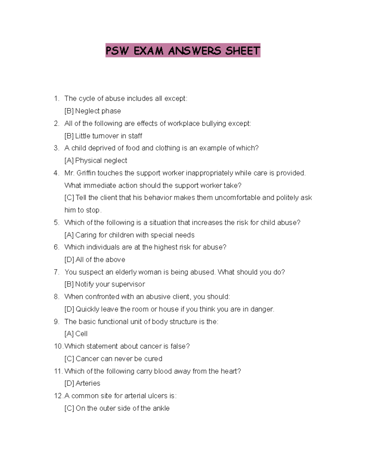 PSW 101 FINAL EXAM Answers Sheet - Study Aid for Students - Studocu