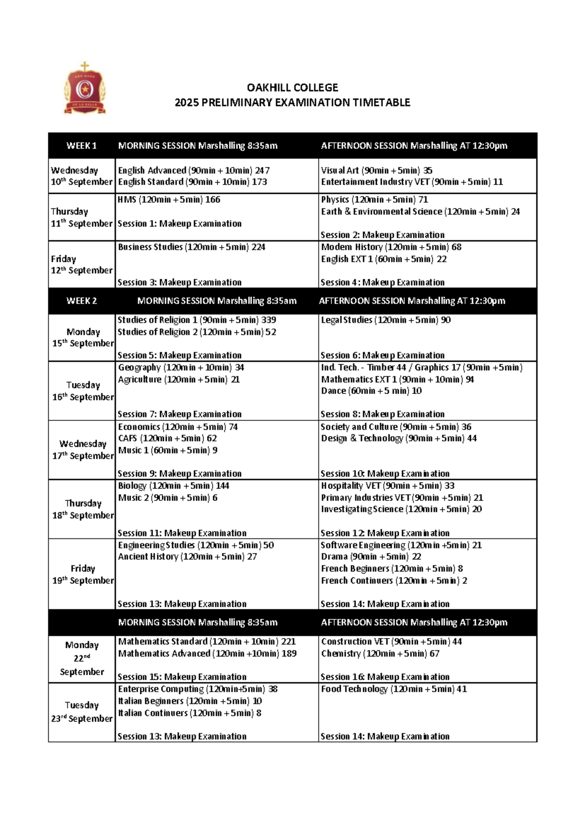 Yr11 Preliminary Exam Timetable 2025 - Weeks 1 to 3 - Studocu