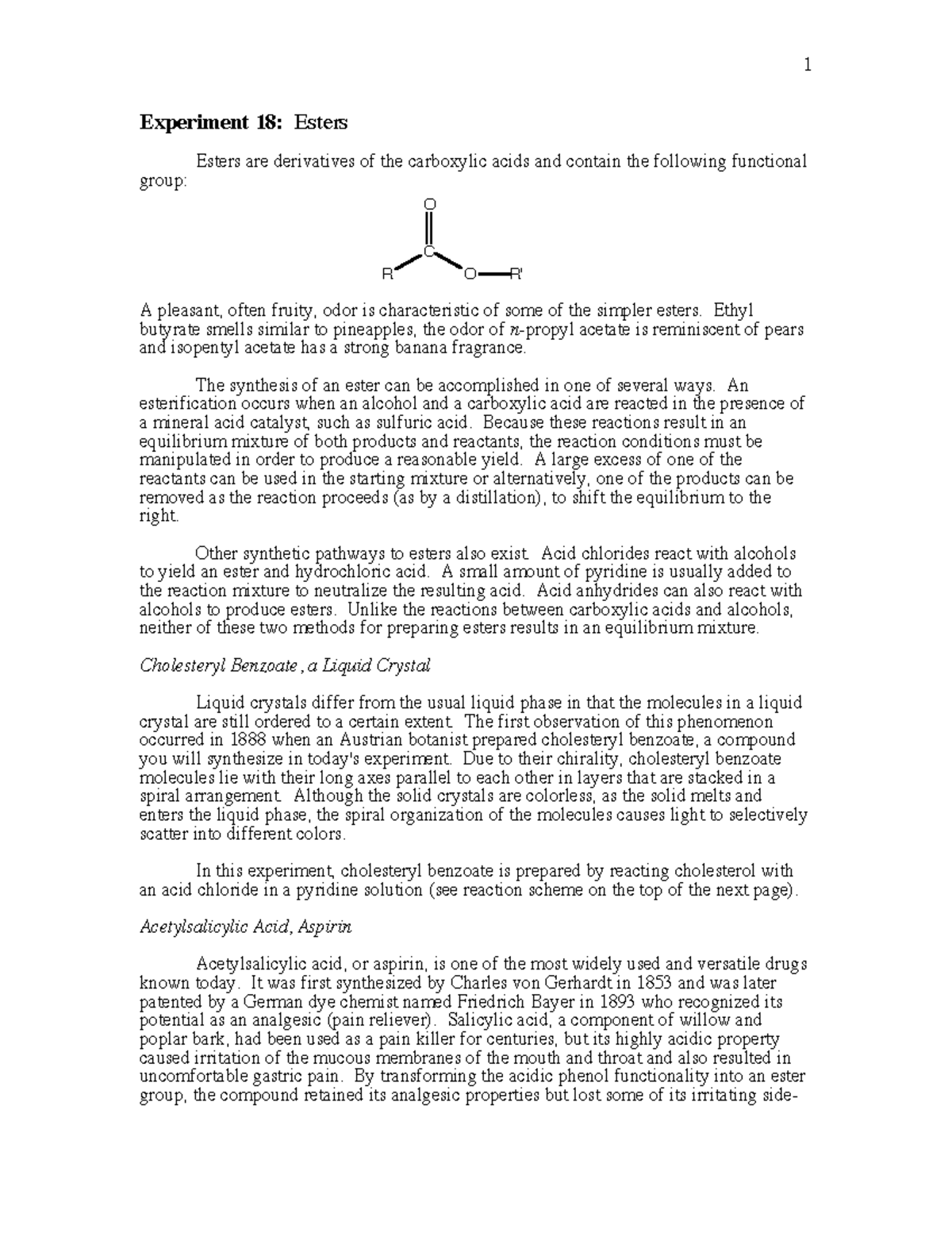 CHEM 101: Experiment 18 - Synthesis and Properties of Esters - Studocu