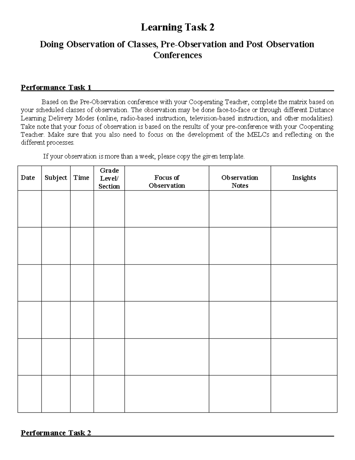 Learning Task 2: Class Observation & Reflection Guidelines - Studocu